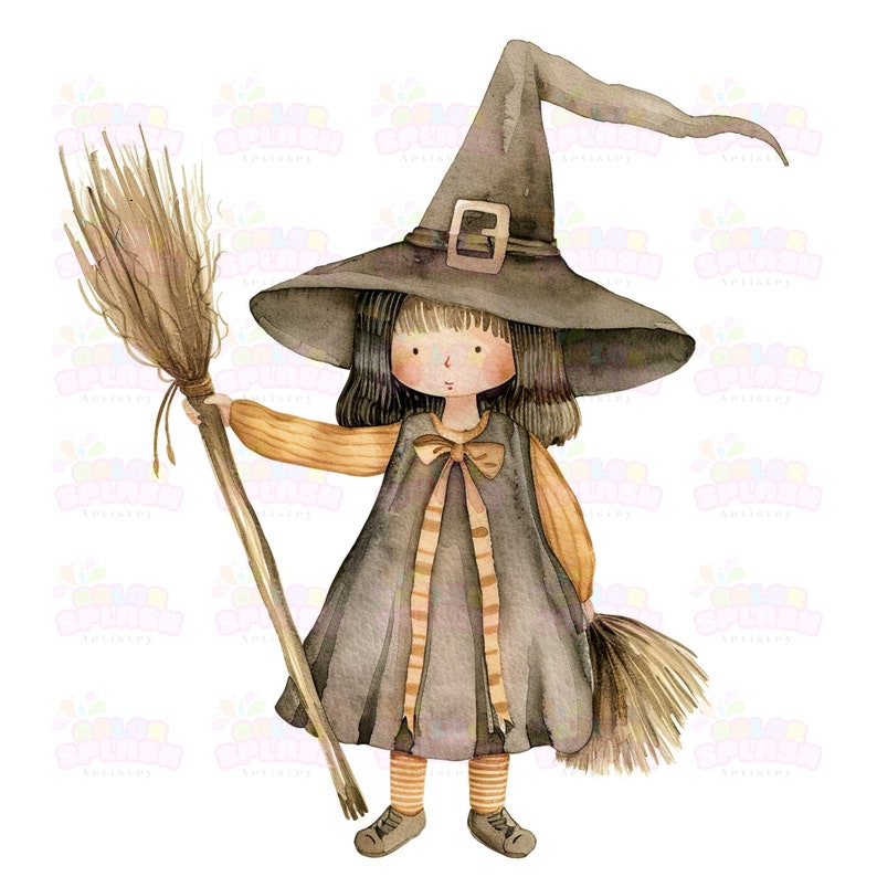 14 Watercolor Witch Clipart, Child Witch With Broomstick, Cute ...