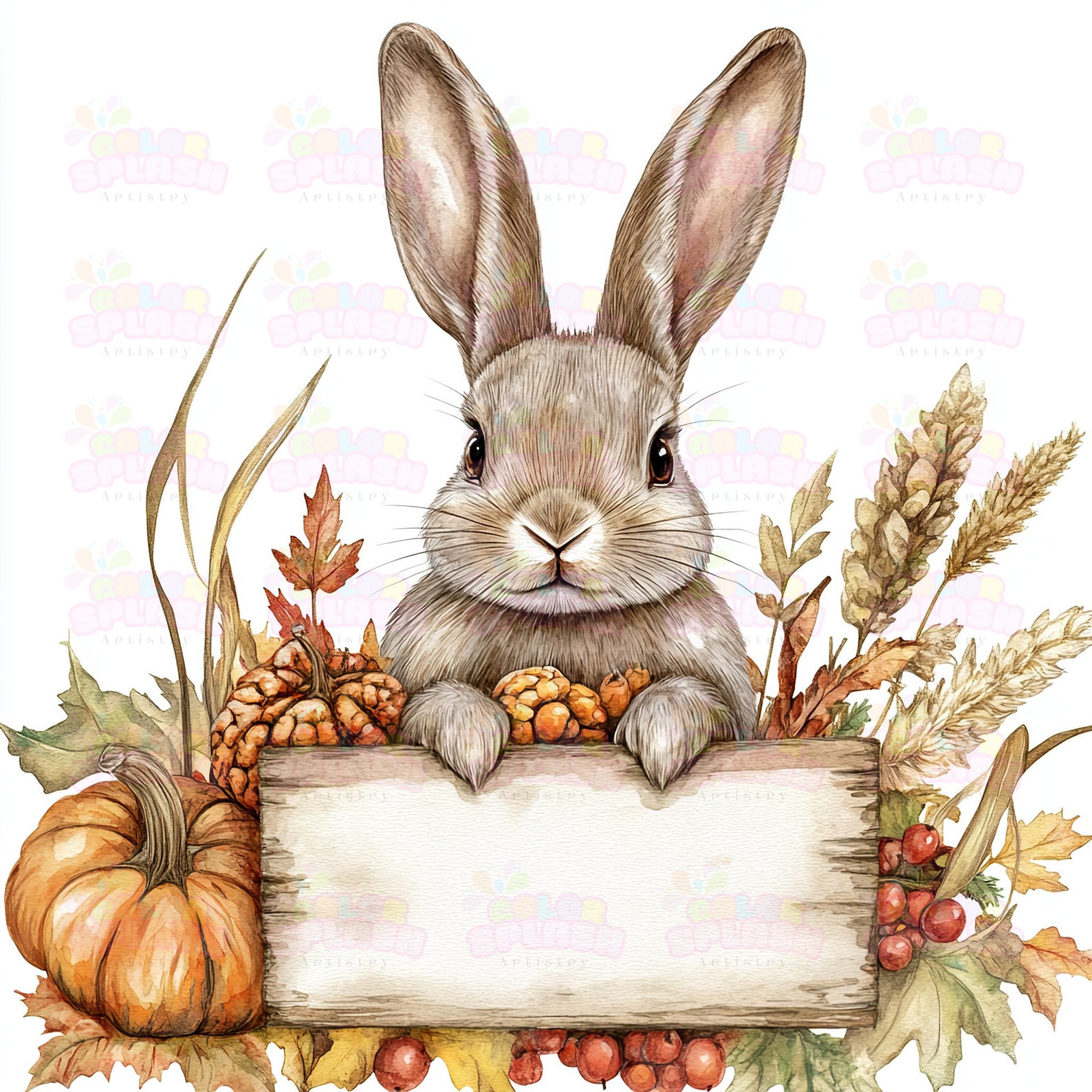 12 Watercolor Bunny Clipart With Harvest-themed Sign, Fall Decor ...
