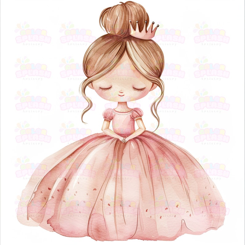 15 Pretty Princess Clipart in Pink Dress, Watercolor Style, Neutral ...