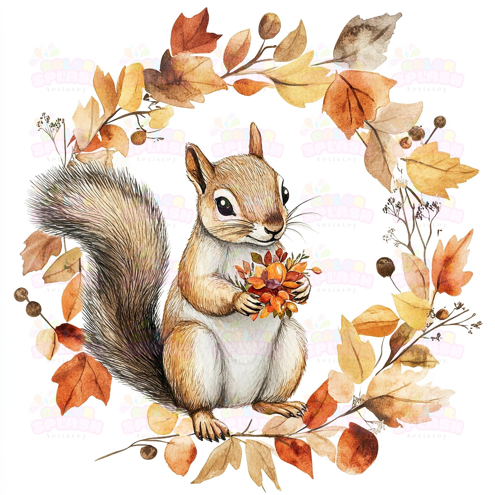 12 Cute Squirrel With Autumn Wreath - Whimsical Fall Decor, Rustic ...