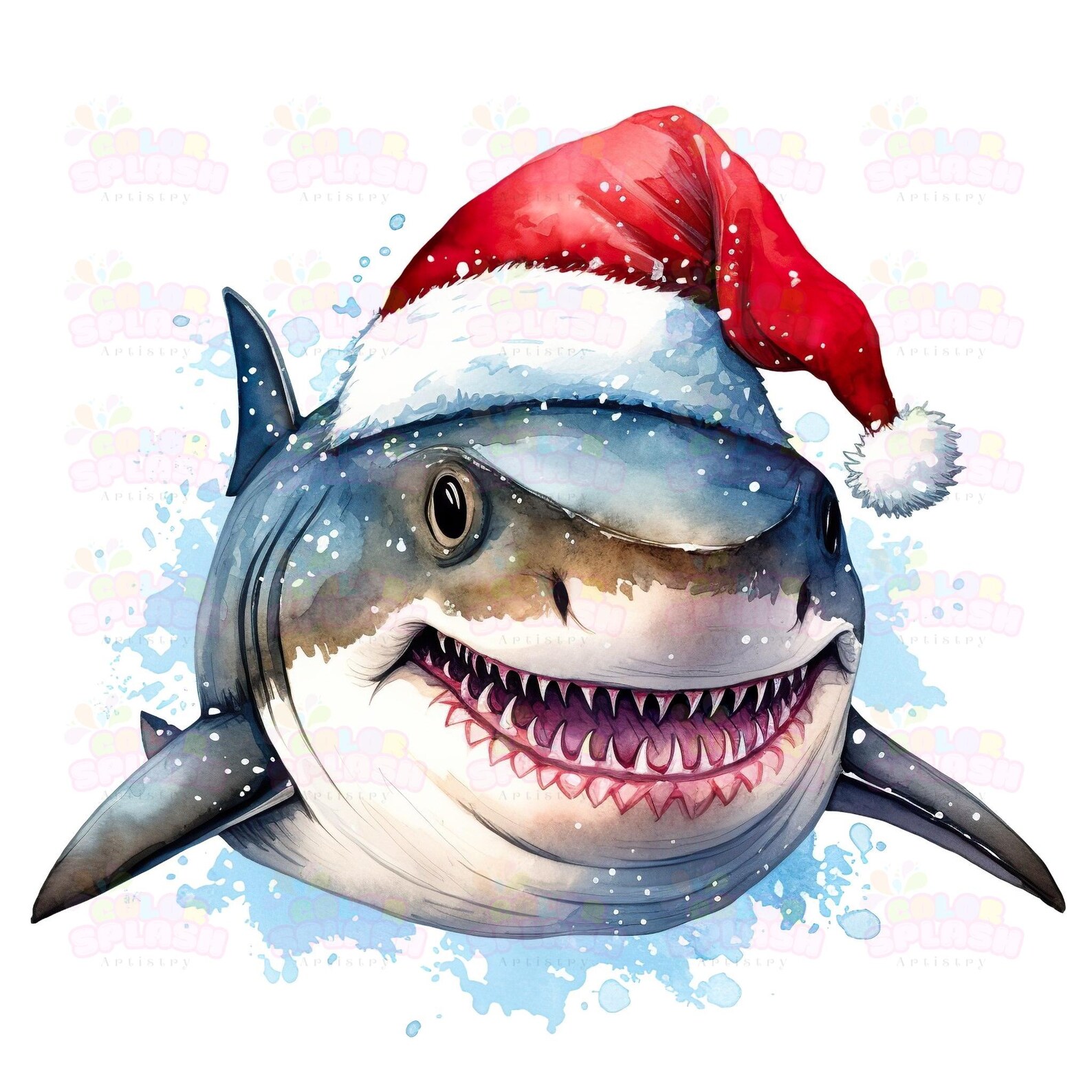 11 Adorable Christmas Shark Art | Watercolor Shark Wearing Santa Hat ...