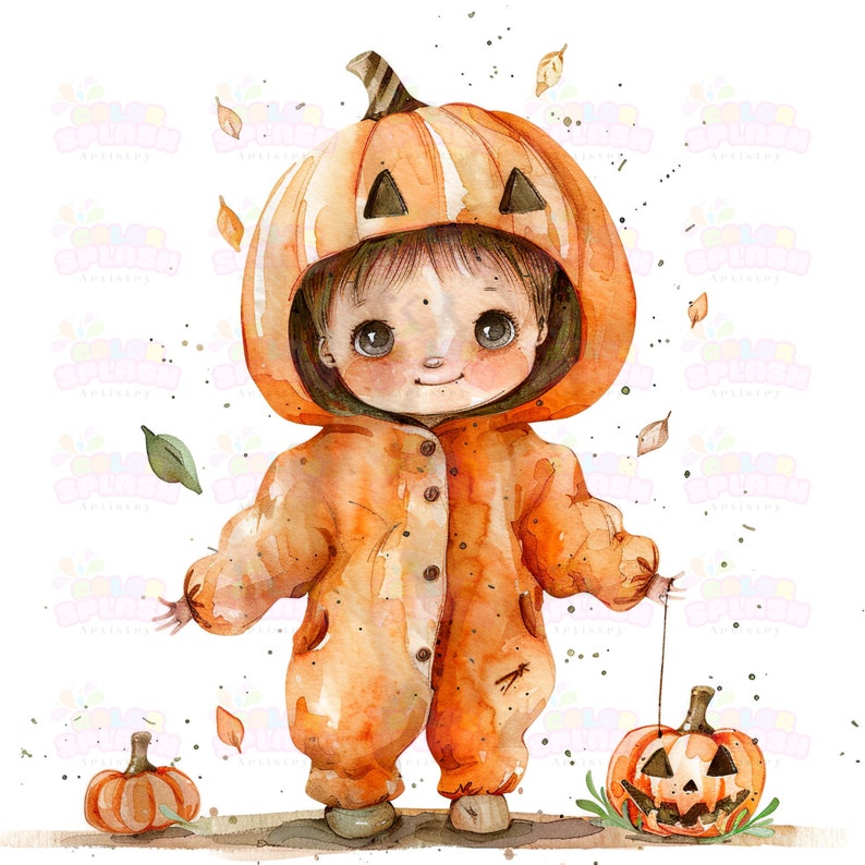 14 Cute Pumpkin Clipart, Watercolor Child Dressed as Pumpkin, Halloween ...