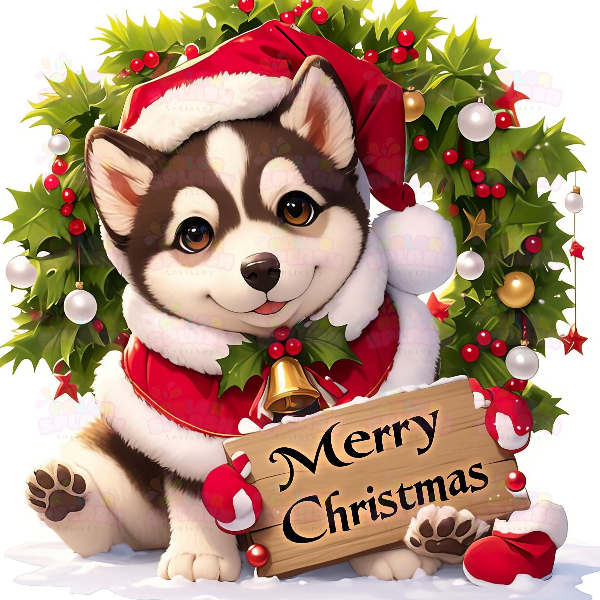 19 Cute Siberian Husky Dog Clipart, Wearing Santa Hat, Holding Merry ...