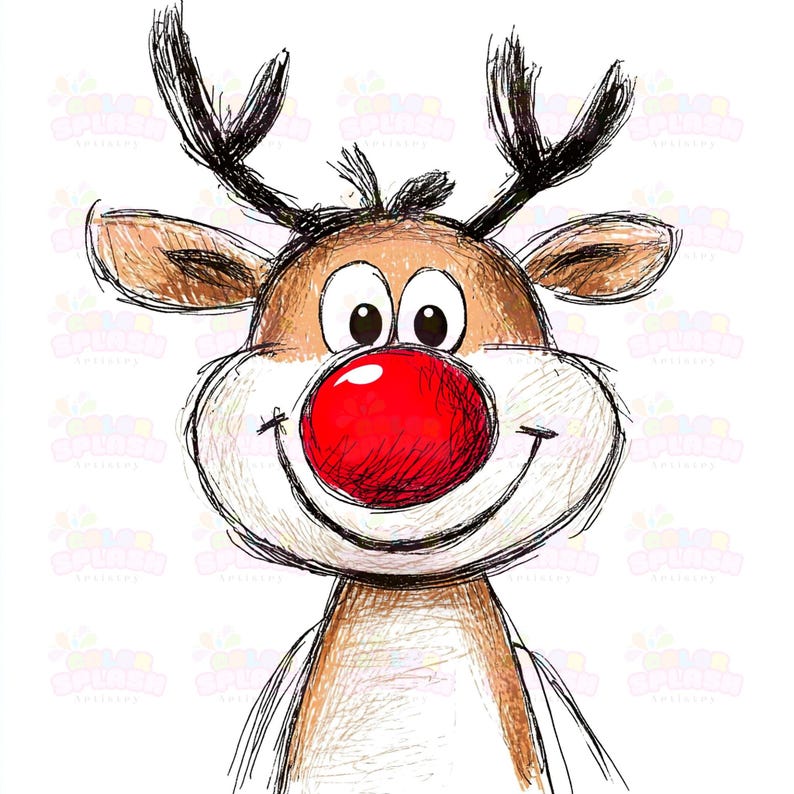 19 Adorable Hand-drawn Rudolph the Red Nose Reindeer Clipart | Cute ...