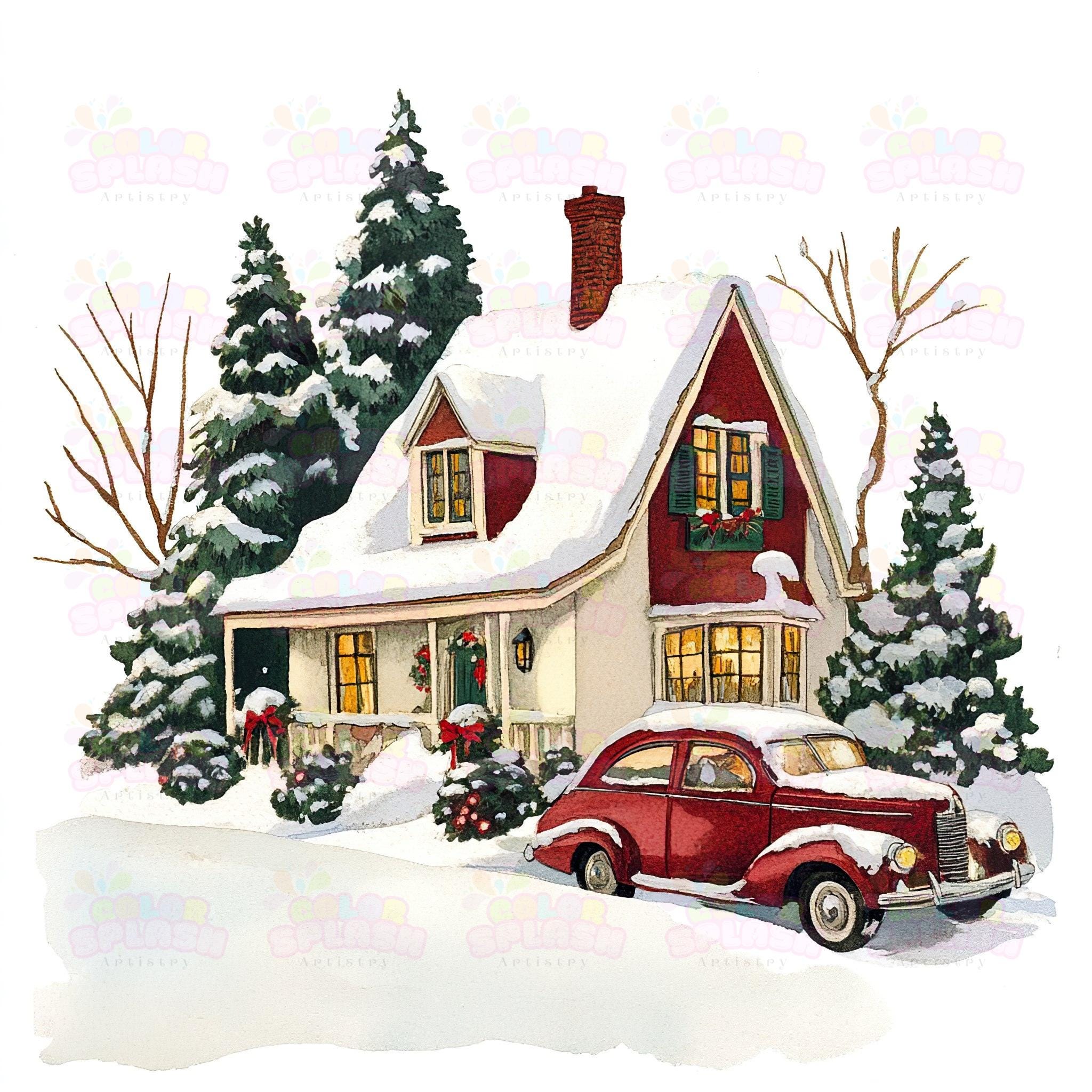 19 Vintage Christmas House Illustration | 1940s Christmas Village Art ...