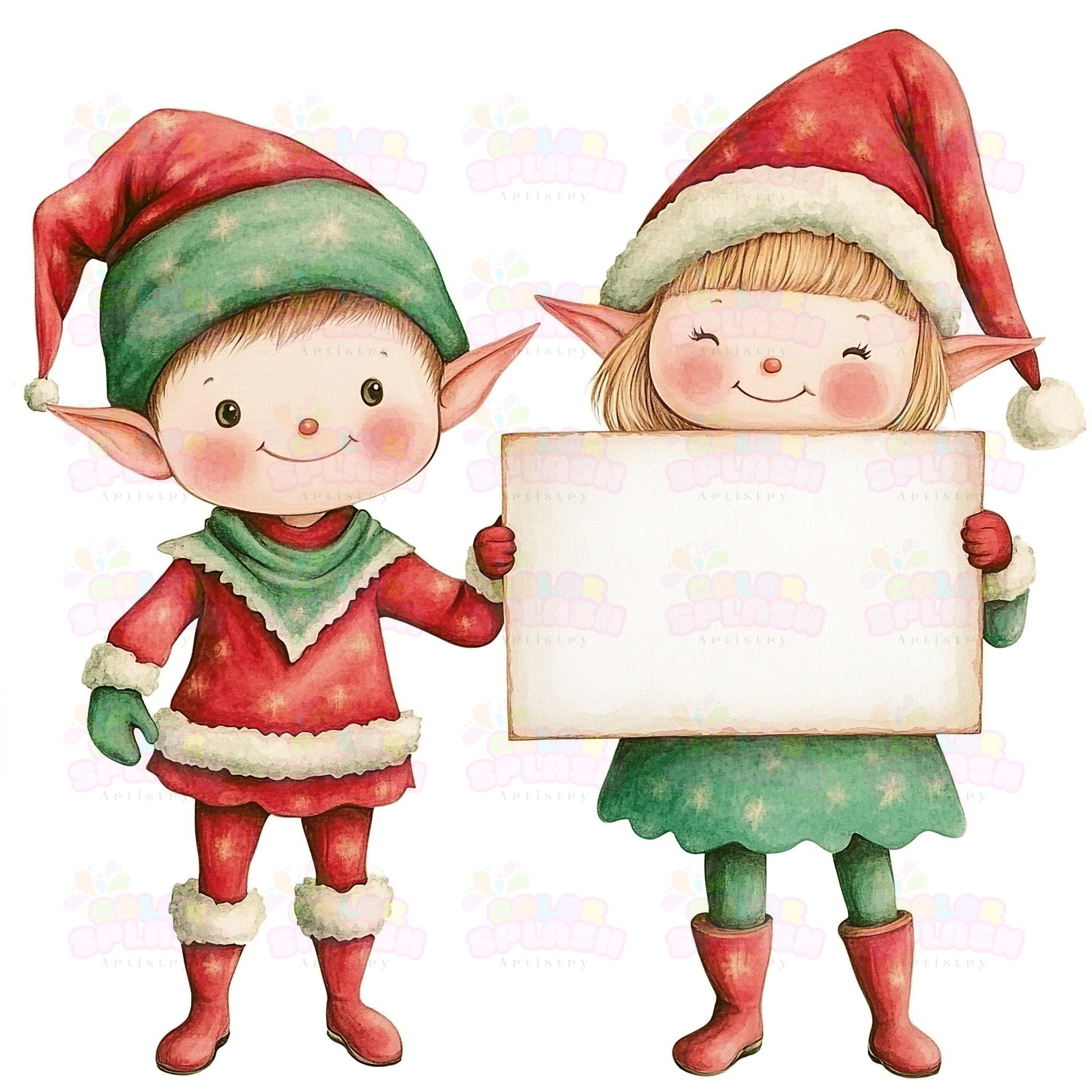 16 Adorable Christmas Elf Clipart - Cute Elf Boy & Girl Holding Large ...