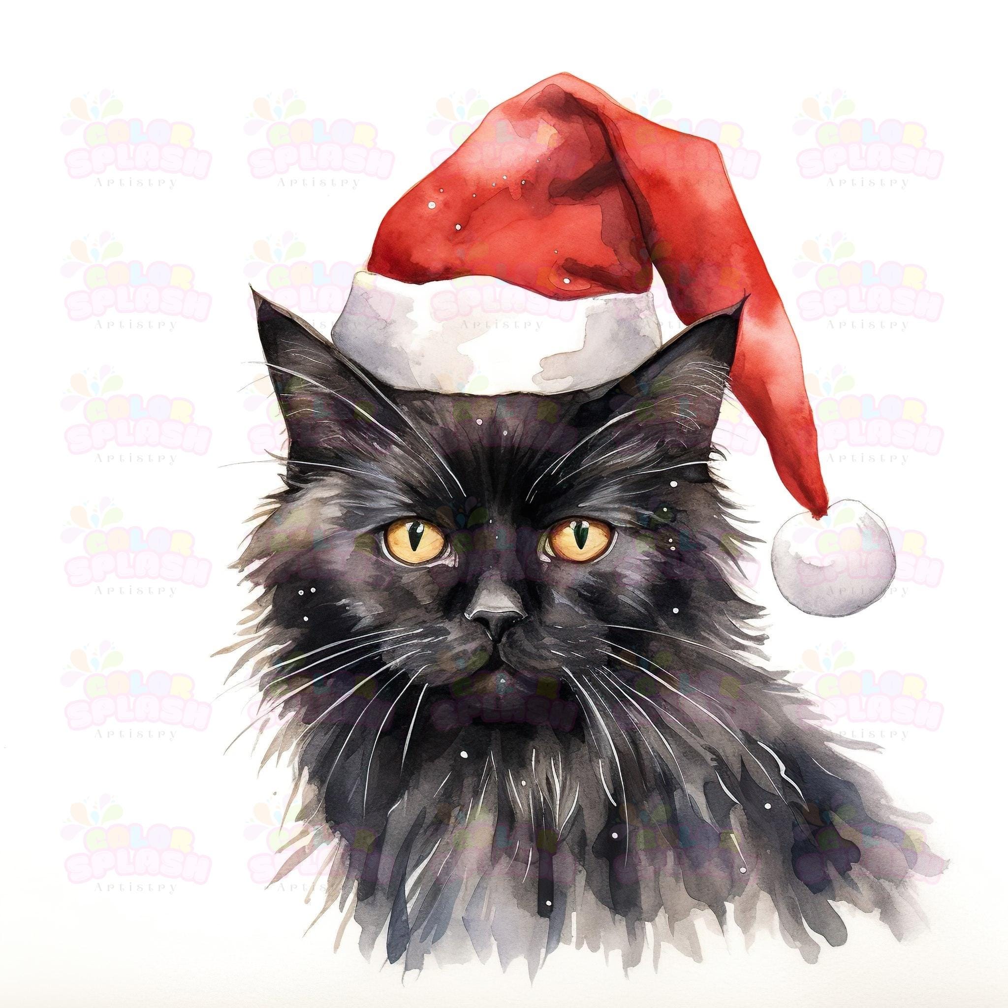 10 Black Cat Wearing Santa Hat Christmas Clipart Festive Cat Art ...