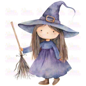 14 Watercolor Witch Clipart, Child Witch With Broomstick, Cute ...