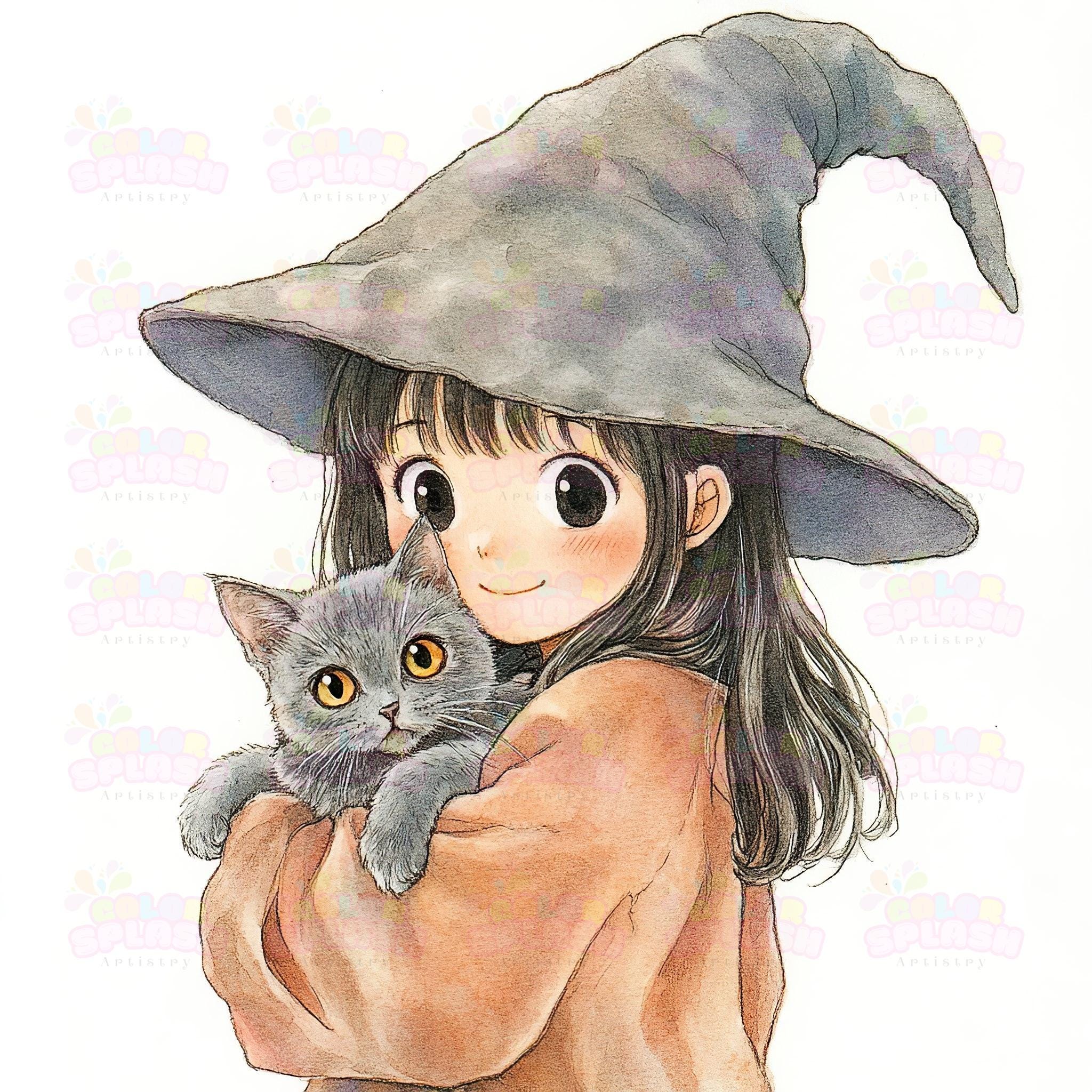 16 Cute Wizard Girl With Pointed Hat and Grey Kitty Cat - Pastel ...