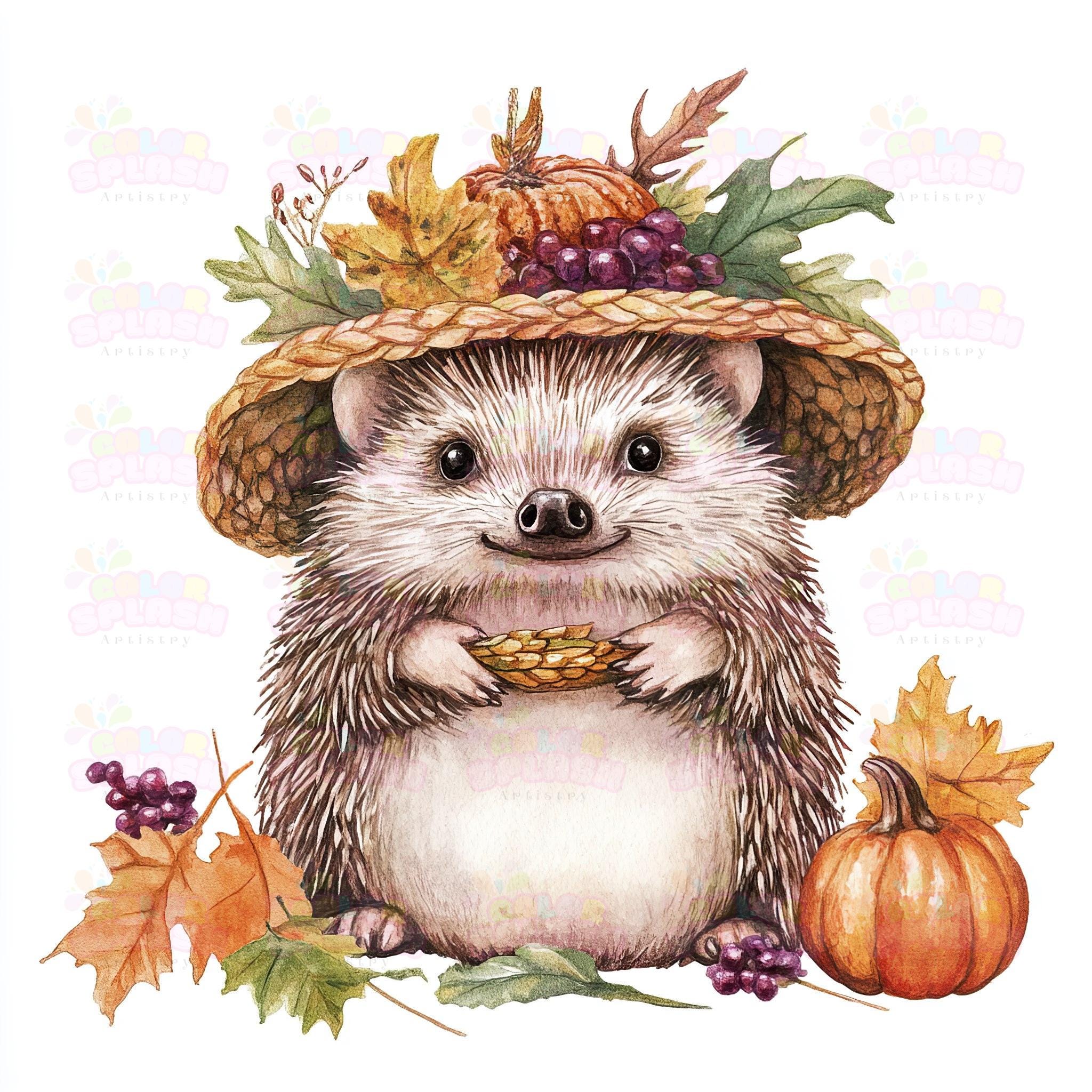 12 Cute Fall Hedgehog Wearing Harvest Hat Clipart | Autumn Animal ...