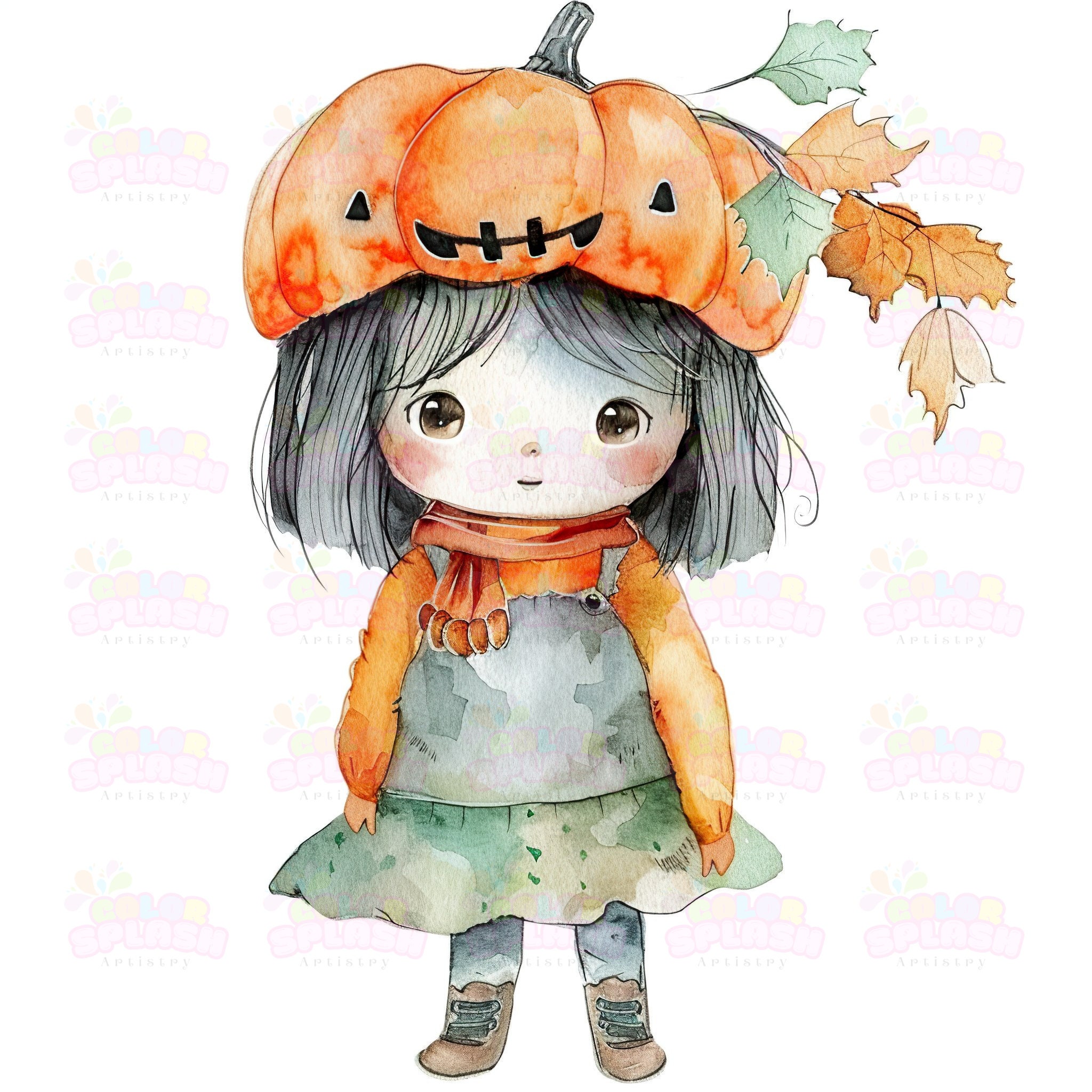 14 Cute Pumpkin Clipart, Watercolor Child Dressed as Pumpkin, Halloween ...
