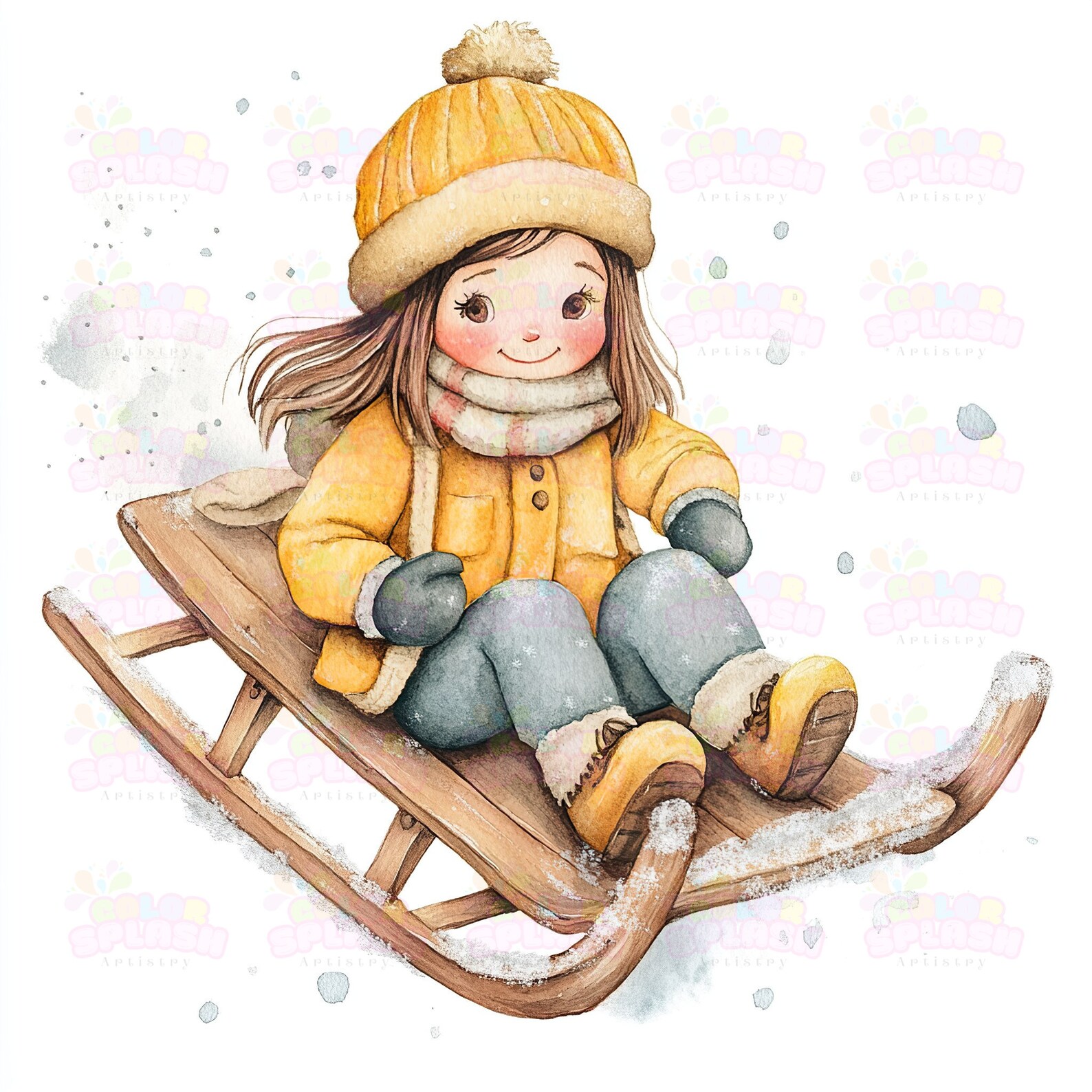 14 Cute Winter Girl on Wooden Sled Watercolor Illustration, Full Body ...