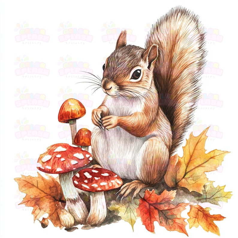 12 Cute Squirrel With Autumn Mushrooms - Whimsical Fall Decor, Woodland ...