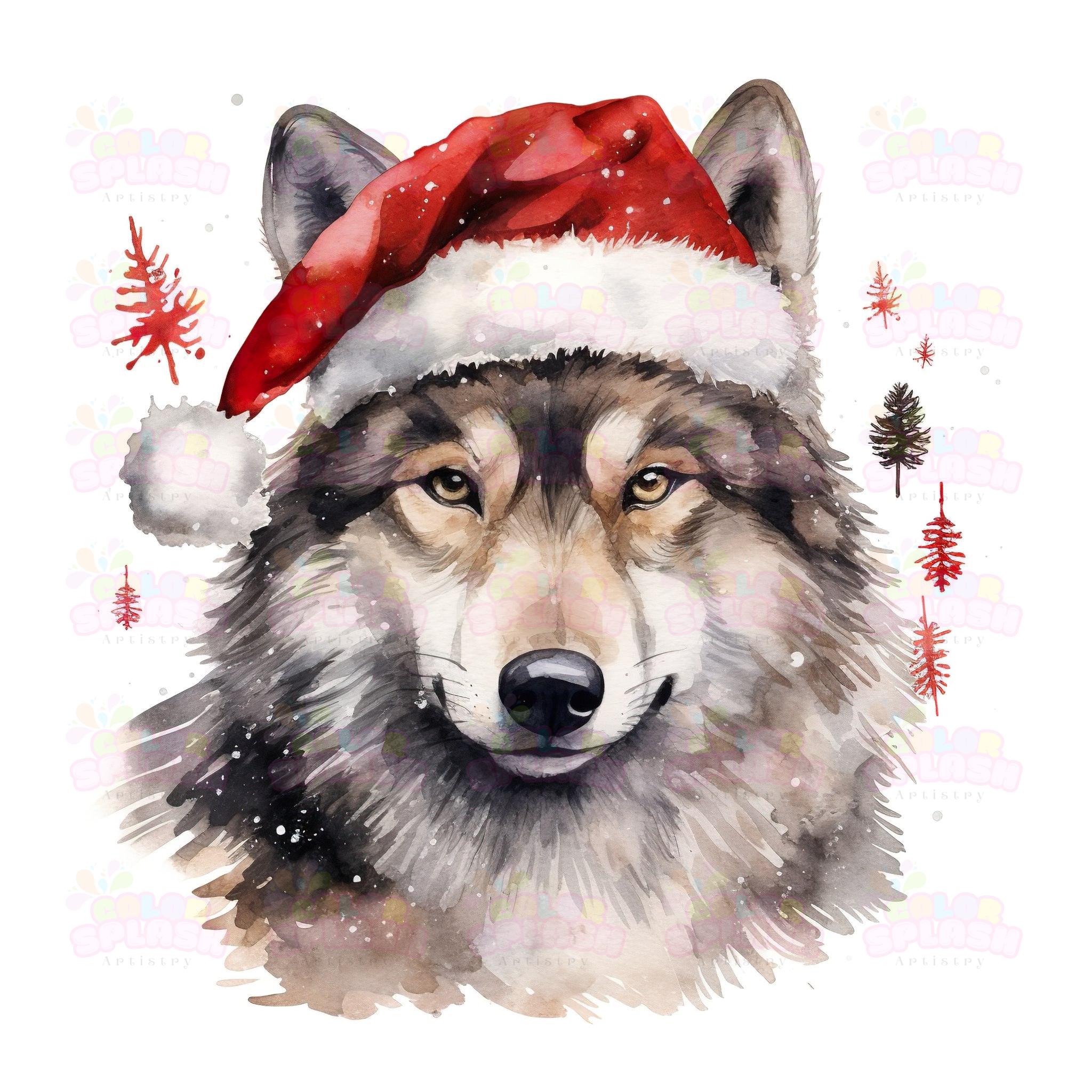 11 Cute Watercolor Christmas Wolf Wearing Santa Hat | Festive Wolf ...