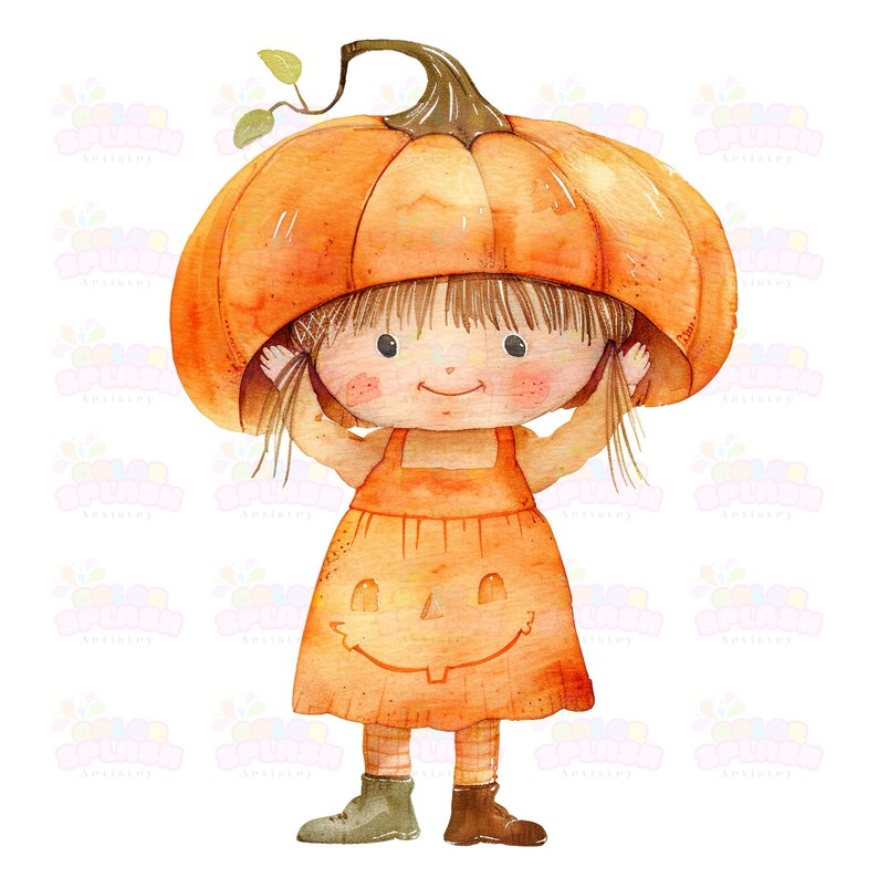 14 Cute Pumpkin Clipart, Watercolor Child Dressed as Pumpkin, Halloween ...