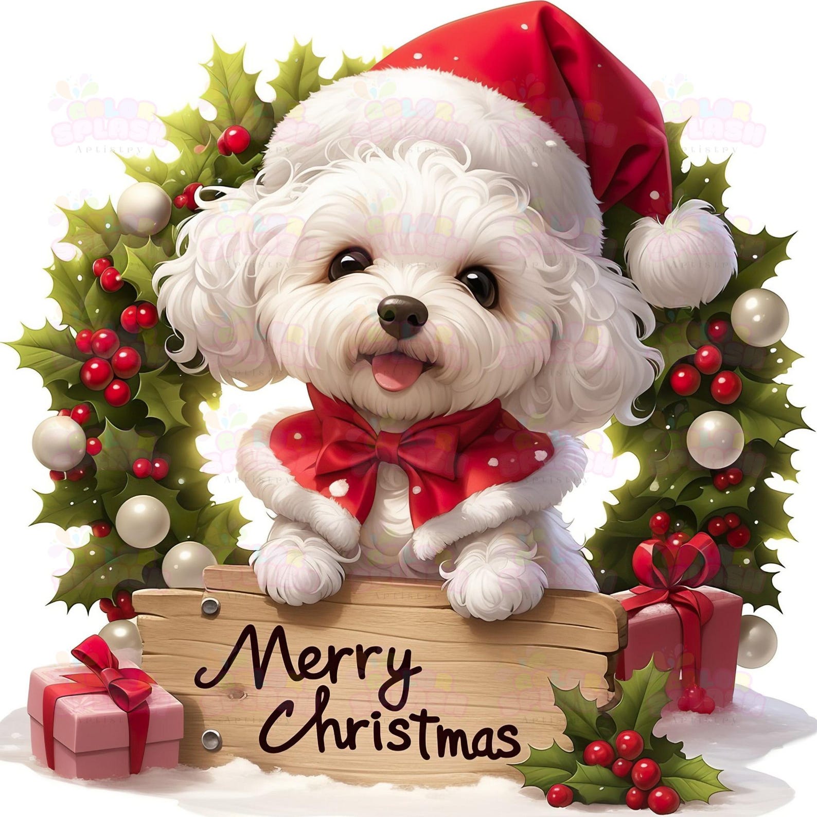 16 Cute Bichon Frise Dog Clipart, Wearing Santa Hat, Holding Merry ...