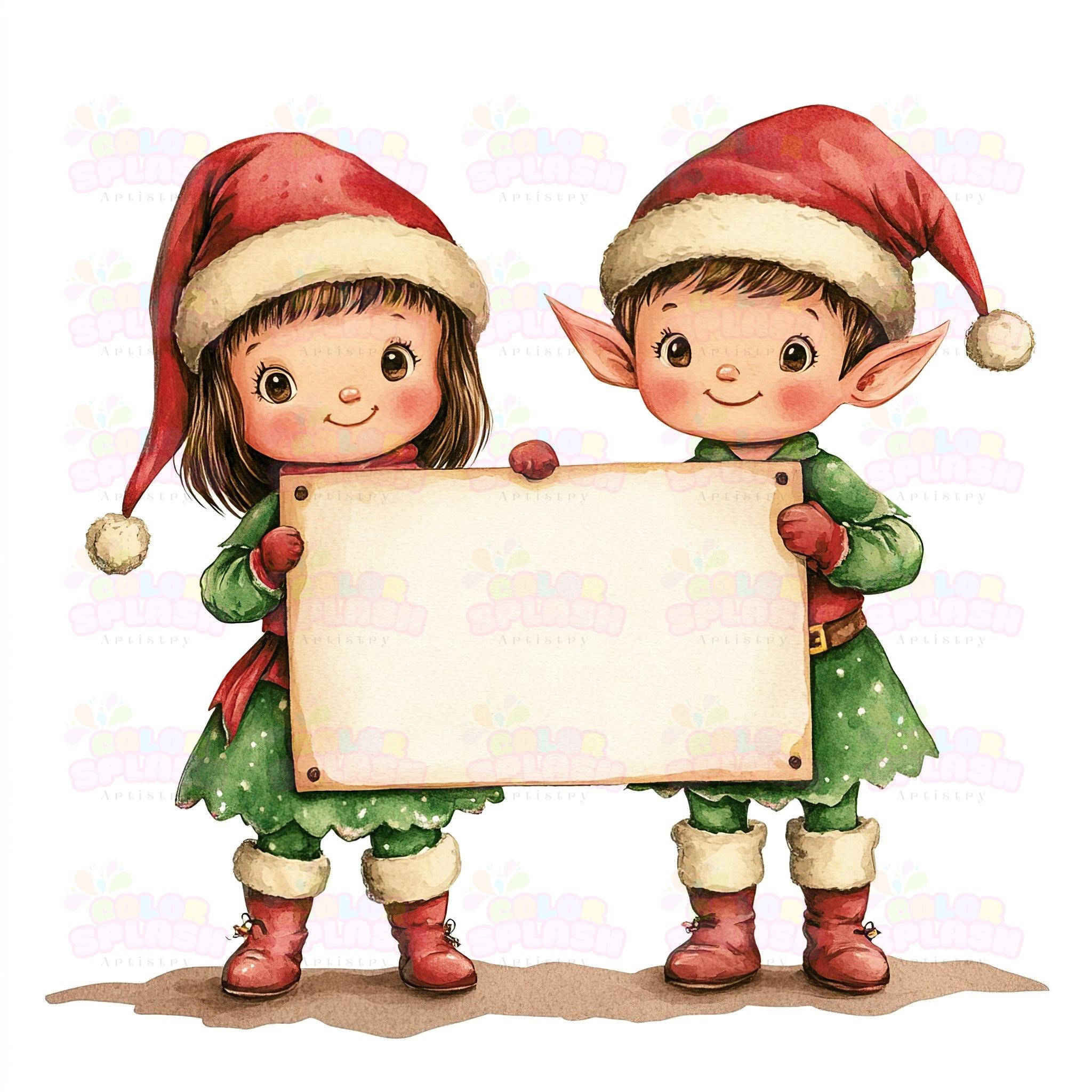16 Adorable Christmas Elf Clipart - Cute Elf Boy & Girl Holding Large ...