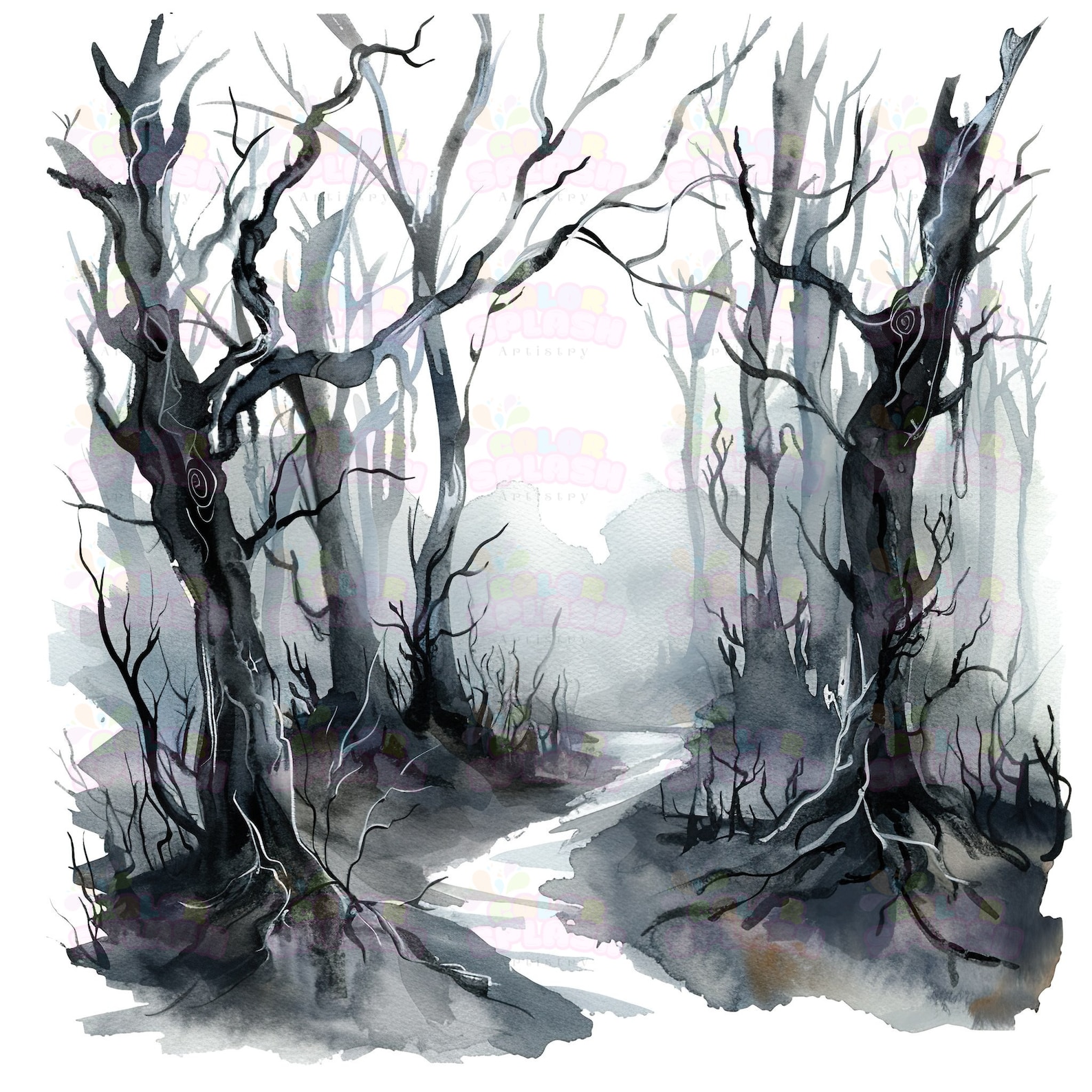 14 Haunted Forest Watercolor Art, Eerie Trees, Ghostly Figures, Spooky ...