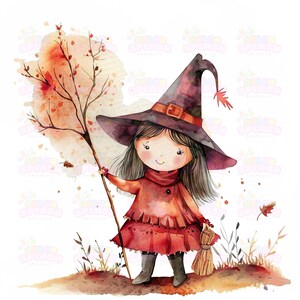 14 Watercolor Witch Clipart, Child Witch With Broomstick, Cute ...