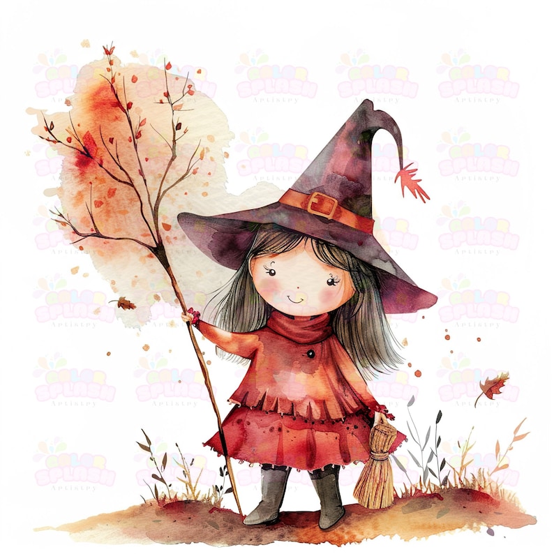 14 Watercolor Witch Clipart, Child Witch With Broomstick, Cute ...