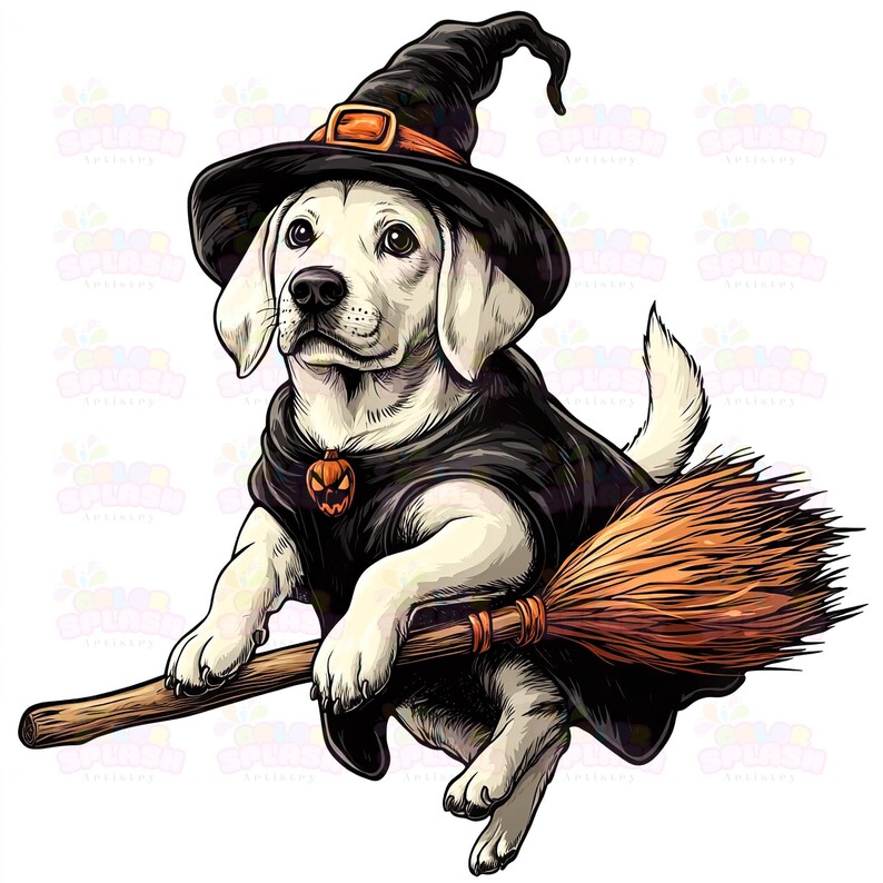 10 Cute White Labrador Dog as Halloween Witch on Broom | Spooky Clipart ...