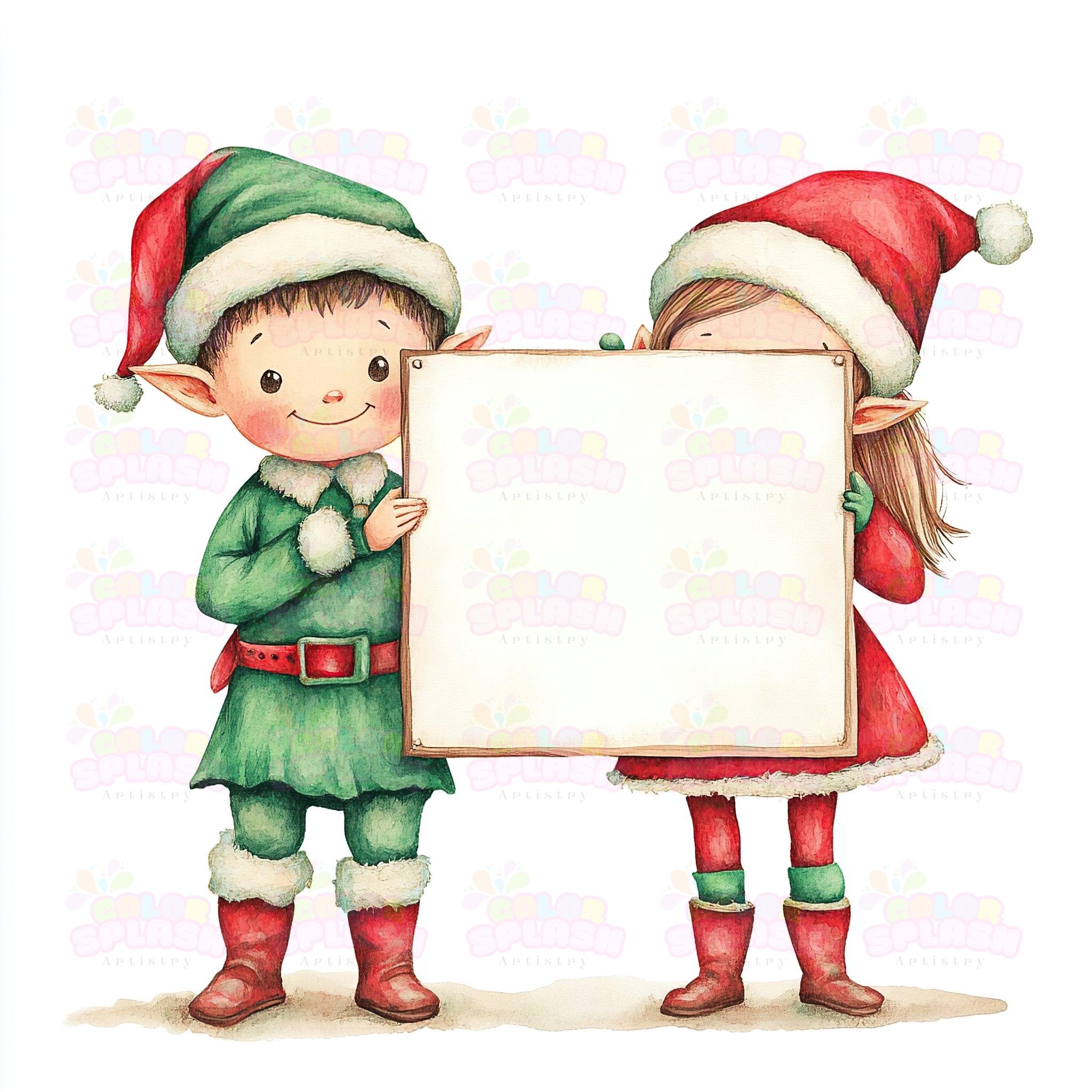 16 Adorable Christmas Elf Clipart - Cute Elf Boy & Girl Holding Large ...