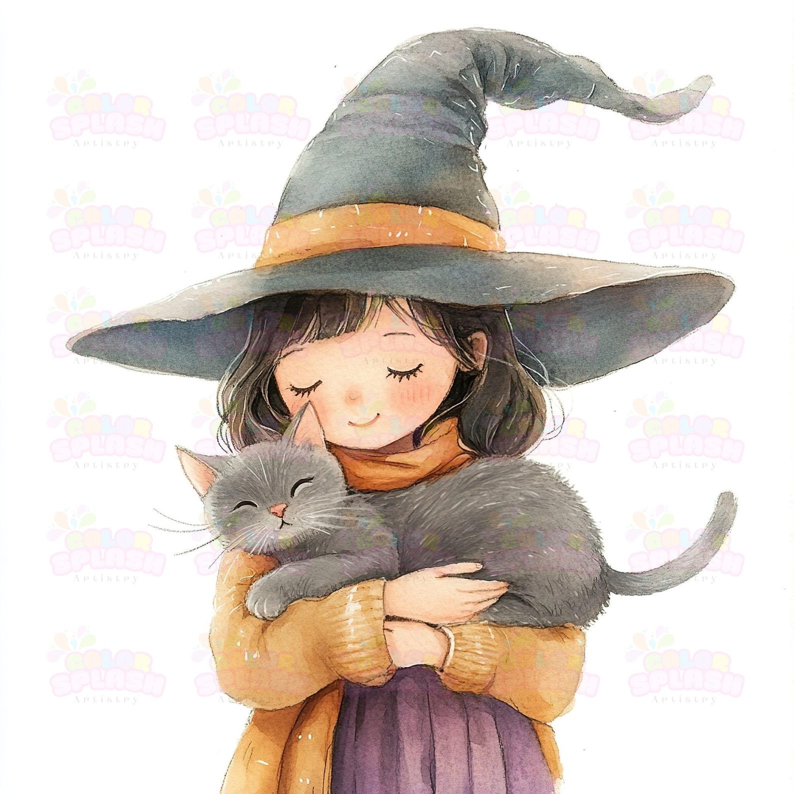 16 Cute Wizard Girl With Pointed Hat and Grey Kitty Cat - Pastel ...