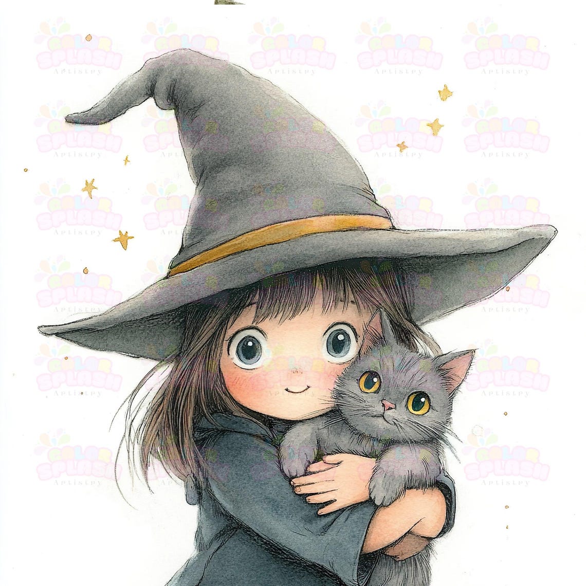16 Cute Wizard Girl With Pointed Hat and Grey Kitty Cat - Pastel ...
