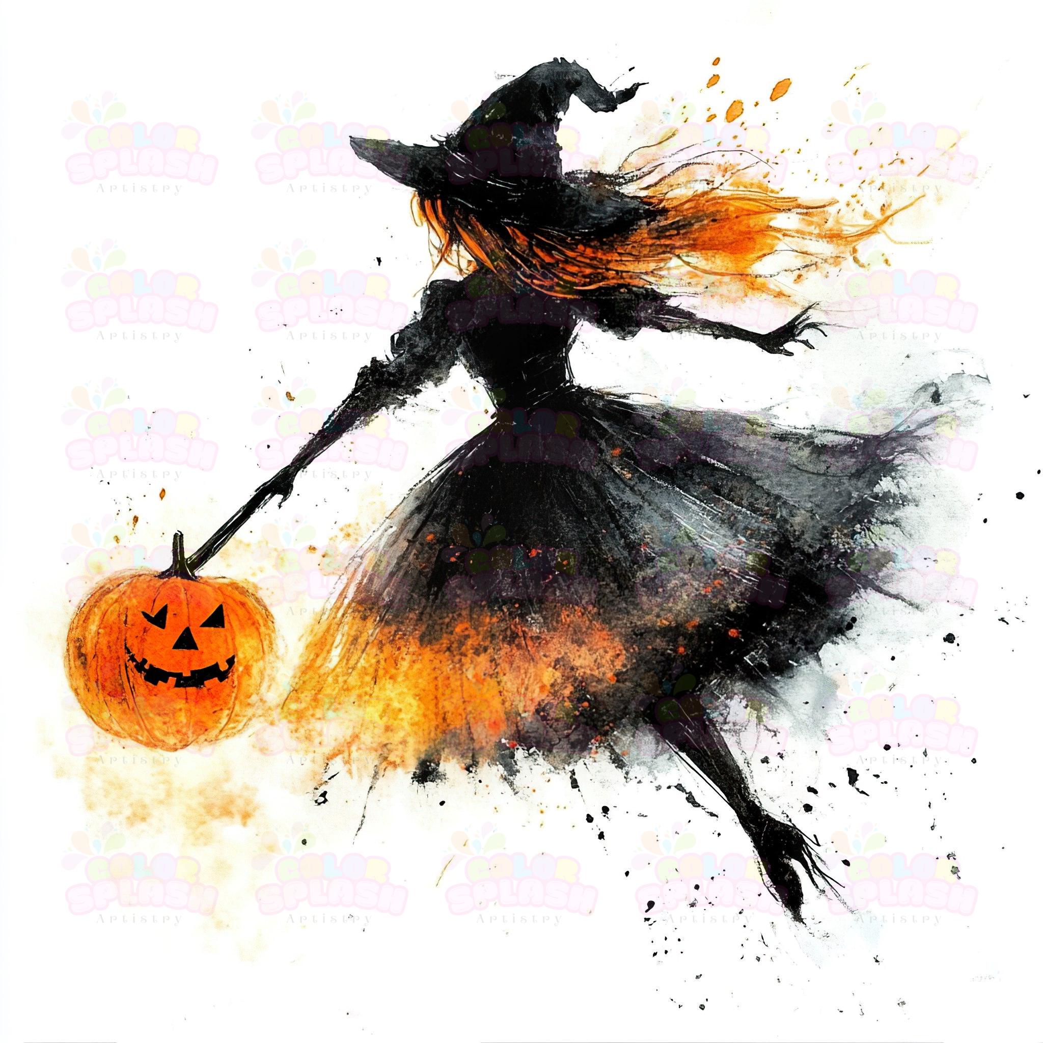 12 Watercolor Fat Witch With Black Hat Flying on a Broom | Cute Pumpkin ...