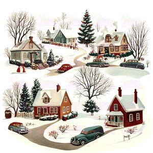 19 Vintage Christmas House Illustration | 1940s Christmas Village Art ...