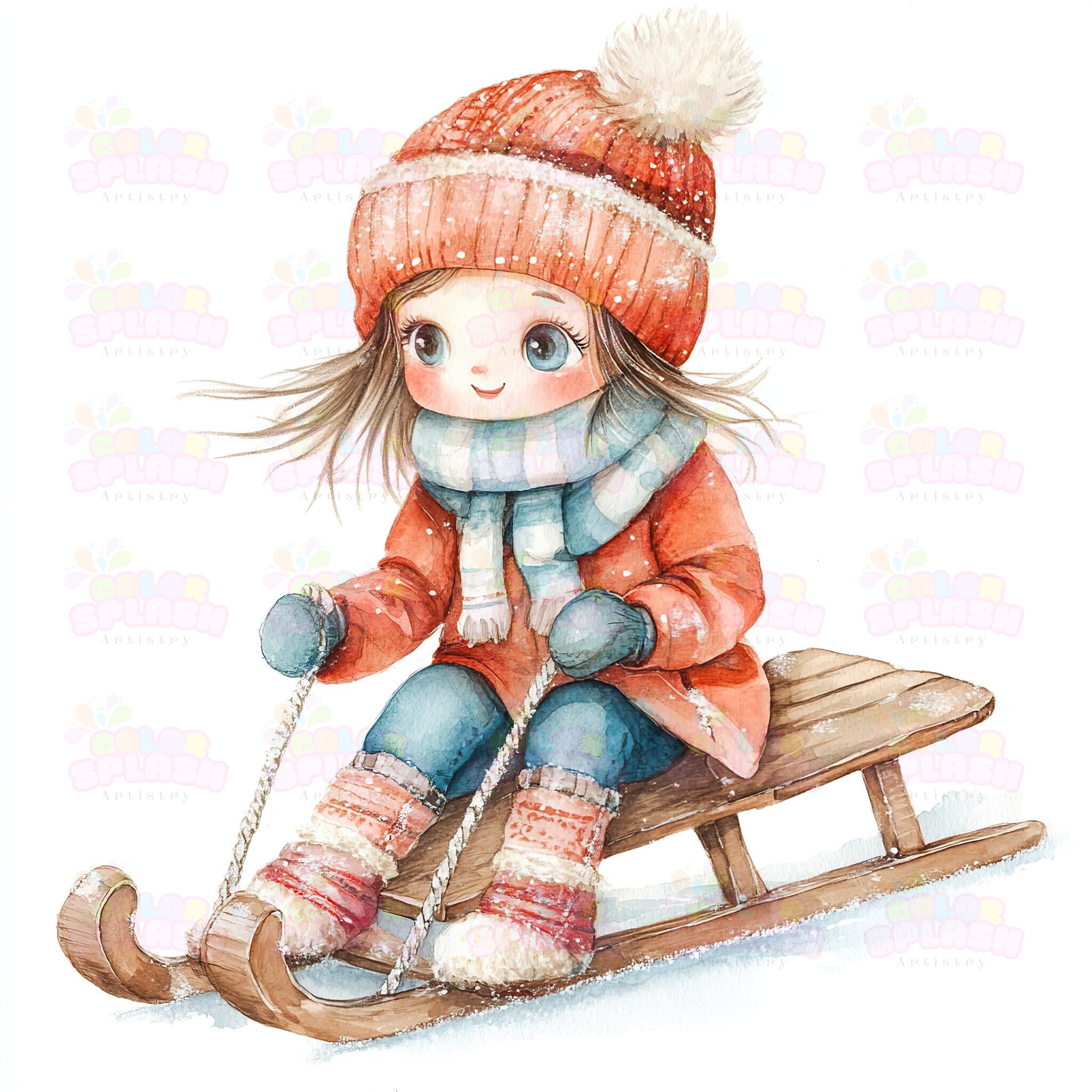 14 Cute Winter Girl on Wooden Sled Watercolor Illustration, Full Body ...