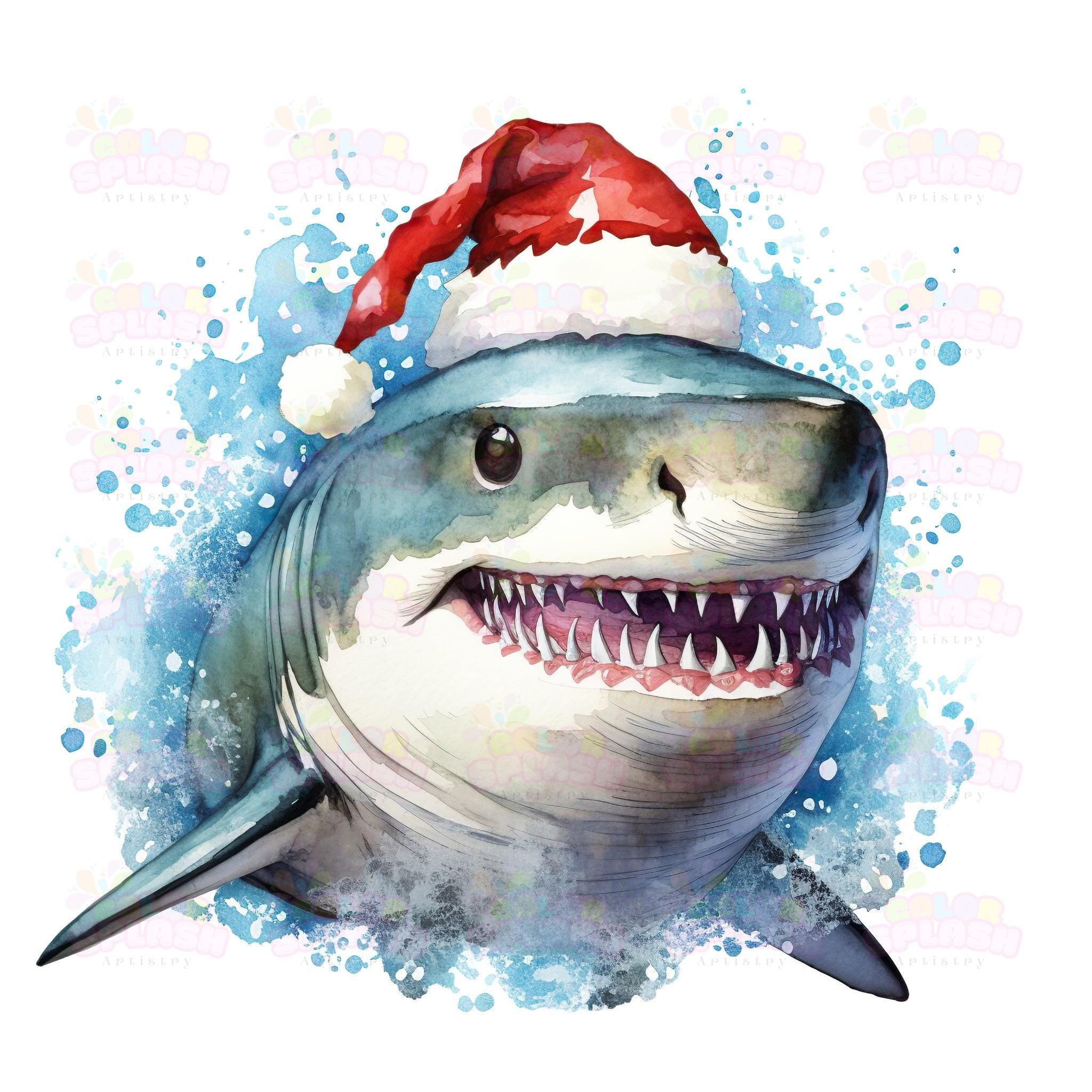 11 Adorable Christmas Shark Art | Watercolor Shark Wearing Santa Hat ...