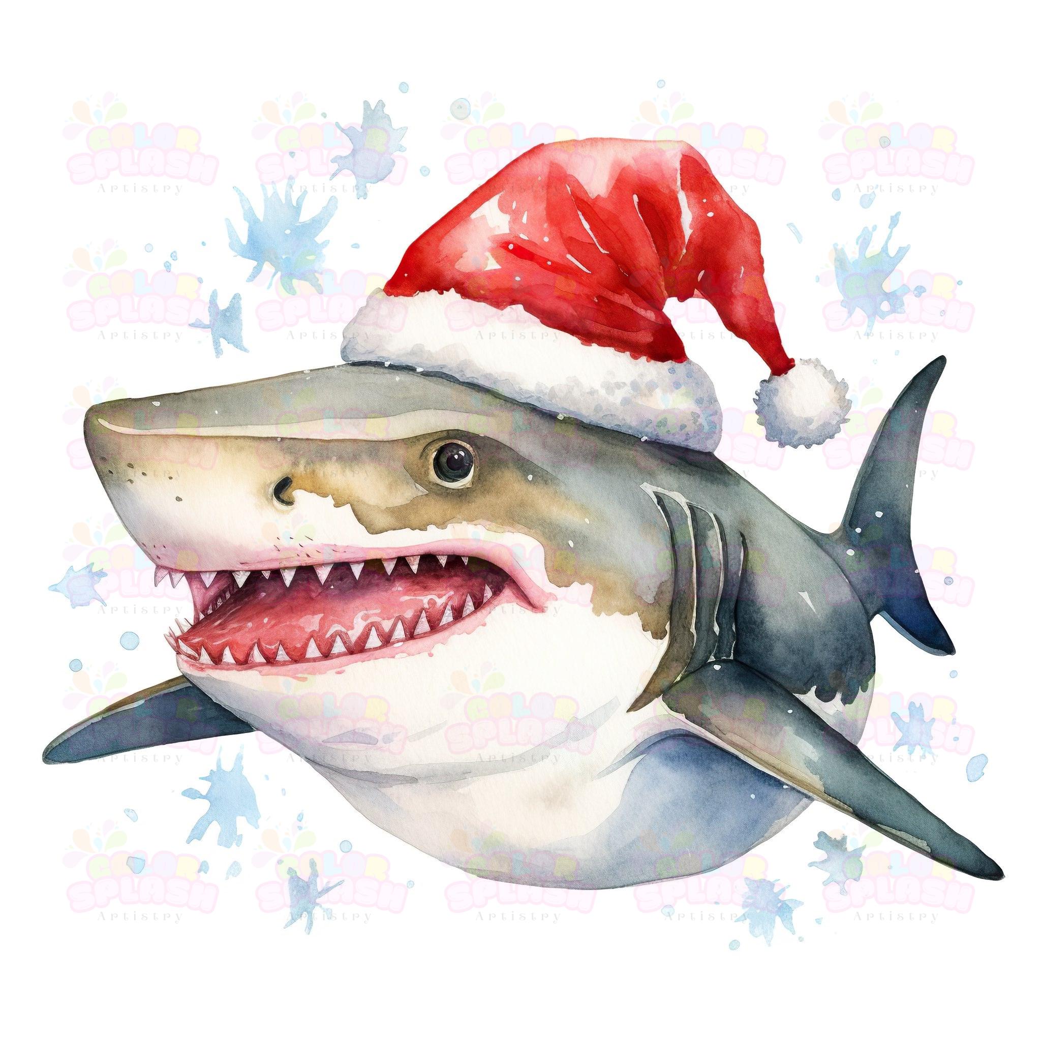 11 Adorable Christmas Shark Art | Watercolor Shark Wearing Santa Hat ...