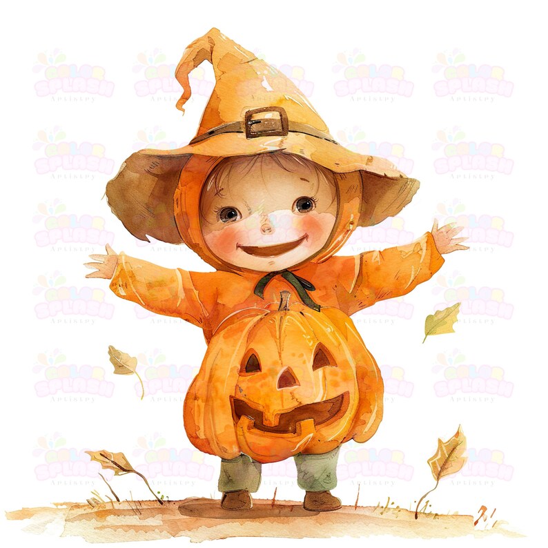 14 Cute Pumpkin Clipart, Watercolor Child Dressed as Pumpkin, Halloween ...
