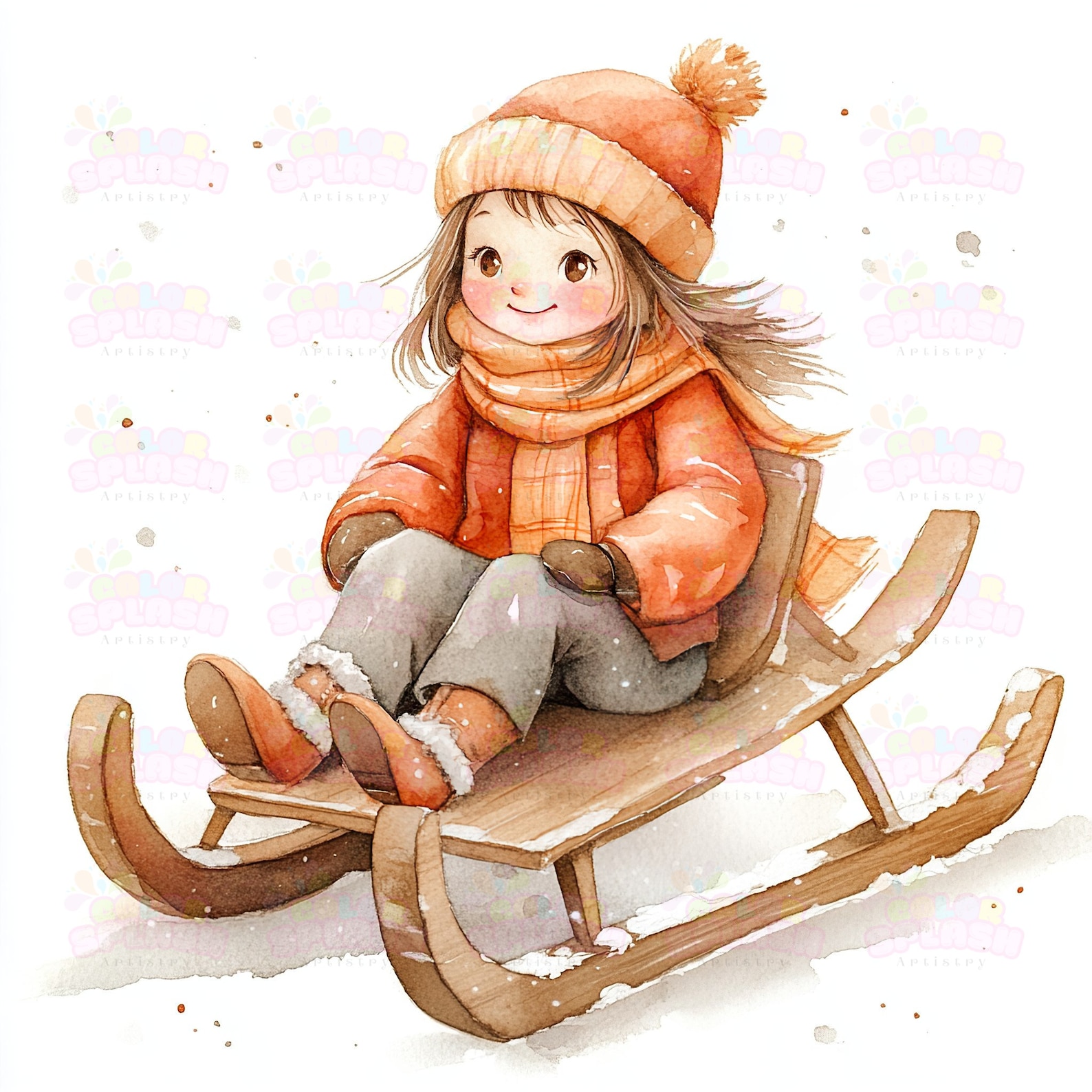 14 Cute Winter Girl on Wooden Sled Watercolor Illustration, Full Body ...