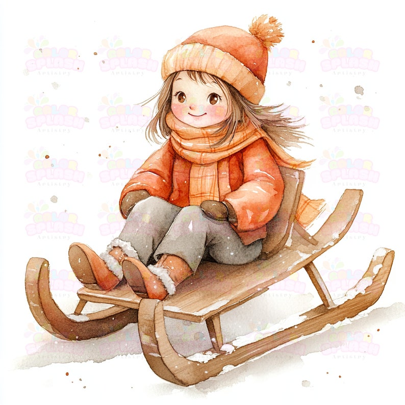 14 Cute Winter Girl on Wooden Sled Watercolor Illustration, Full Body ...
