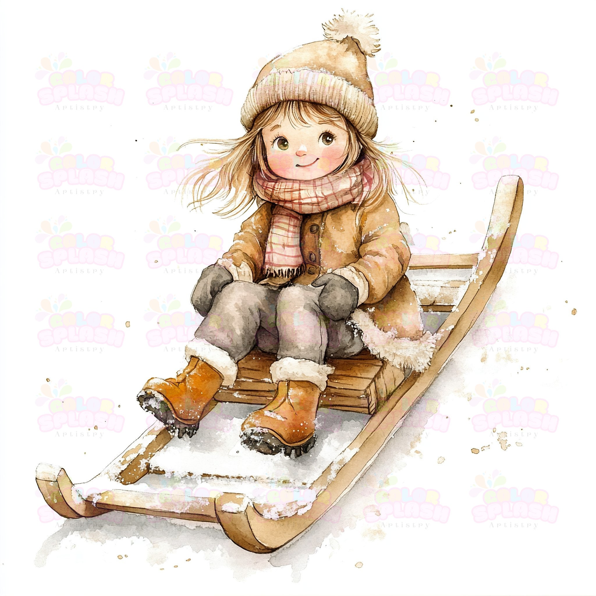 14 Cute Winter Girl on Wooden Sled Watercolor Illustration, Full Body ...