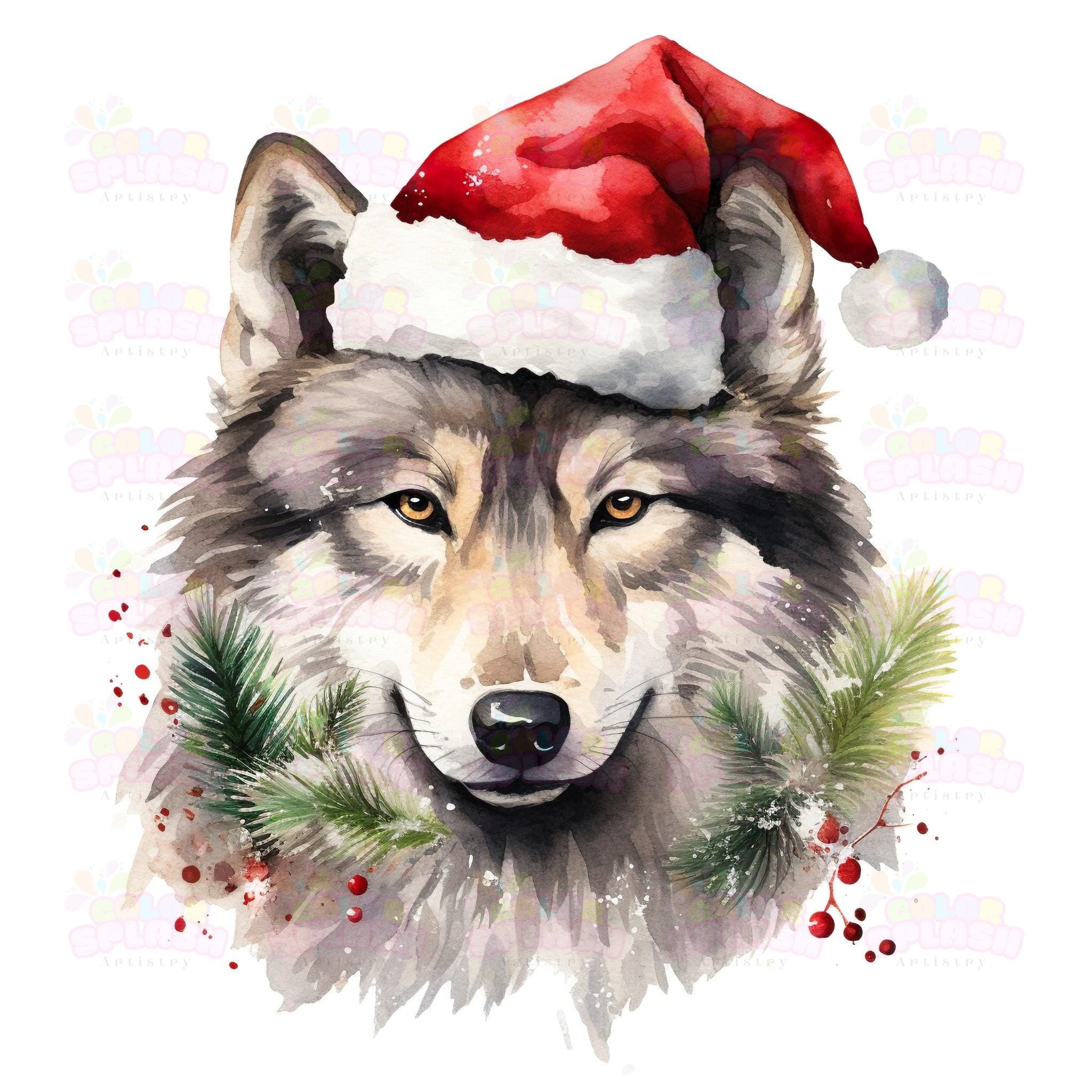 11 Cute Watercolor Christmas Wolf Wearing Santa Hat | Festive Wolf ...