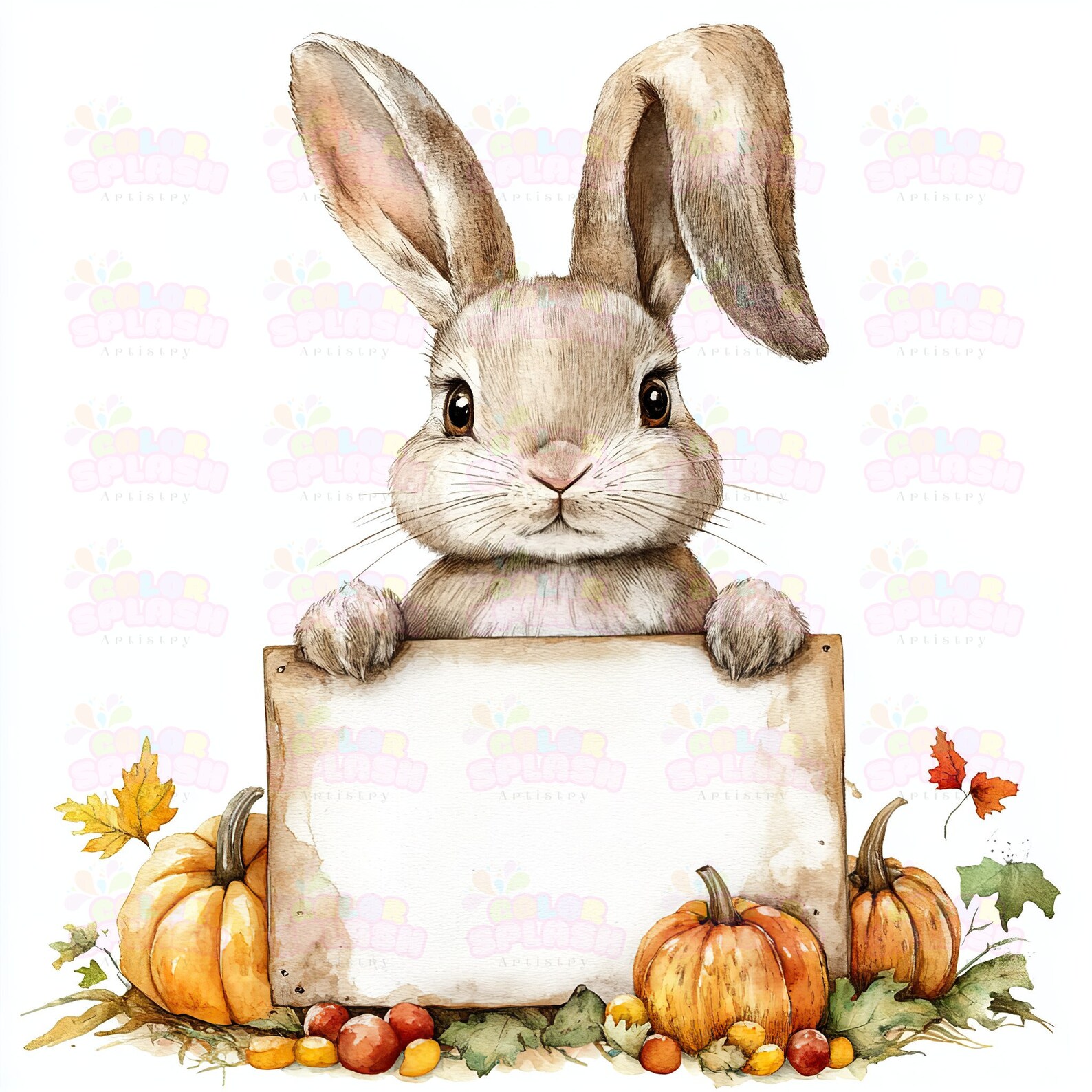 12 Watercolor Bunny Clipart With Harvest-themed Sign, Fall Decor ...