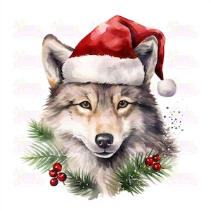 11 Cute Watercolor Christmas Wolf Wearing Santa Hat | Festive Wolf ...