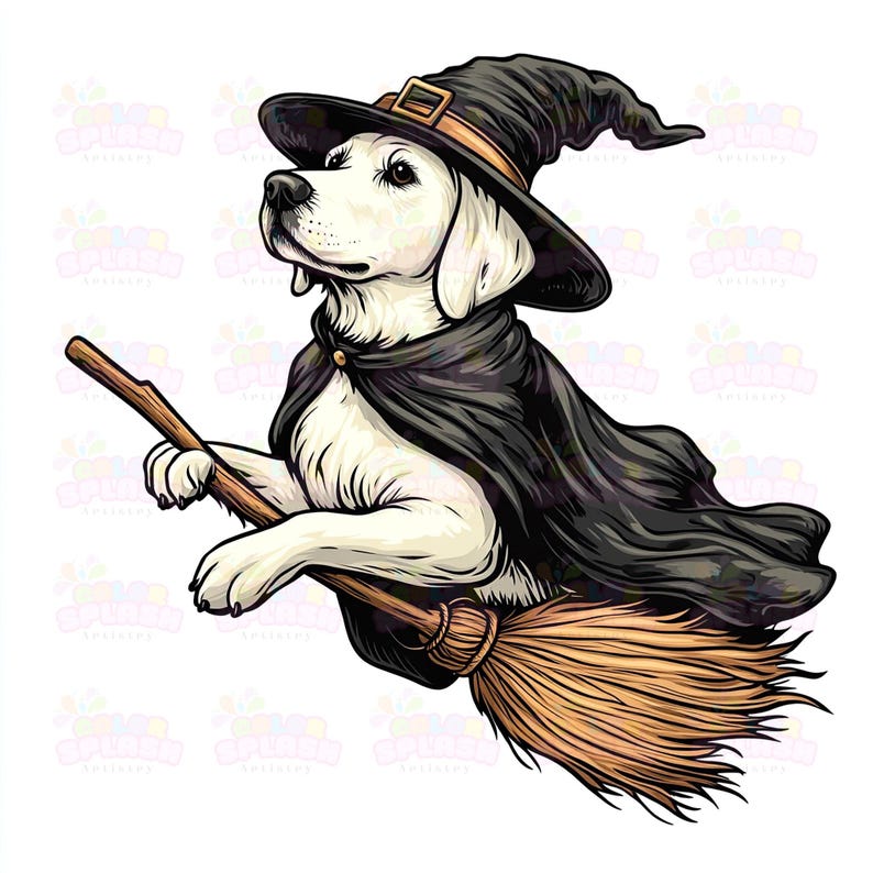 10 Cute White Labrador Dog as Halloween Witch on Broom | Spooky Clipart ...