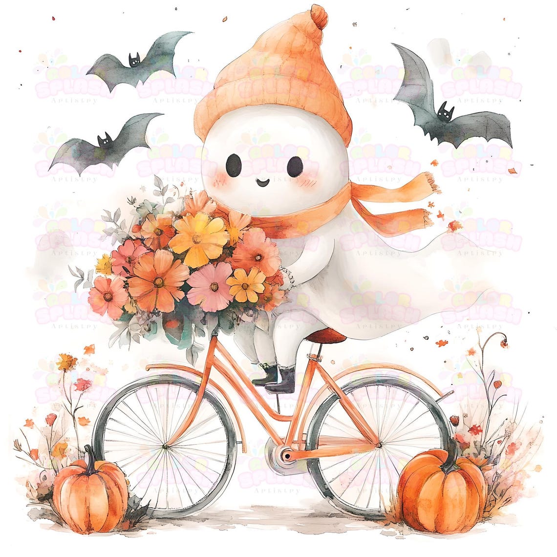 16 Cute Ghost Riding Bicycle With Bright Flowers | Orange Knitted Hat ...