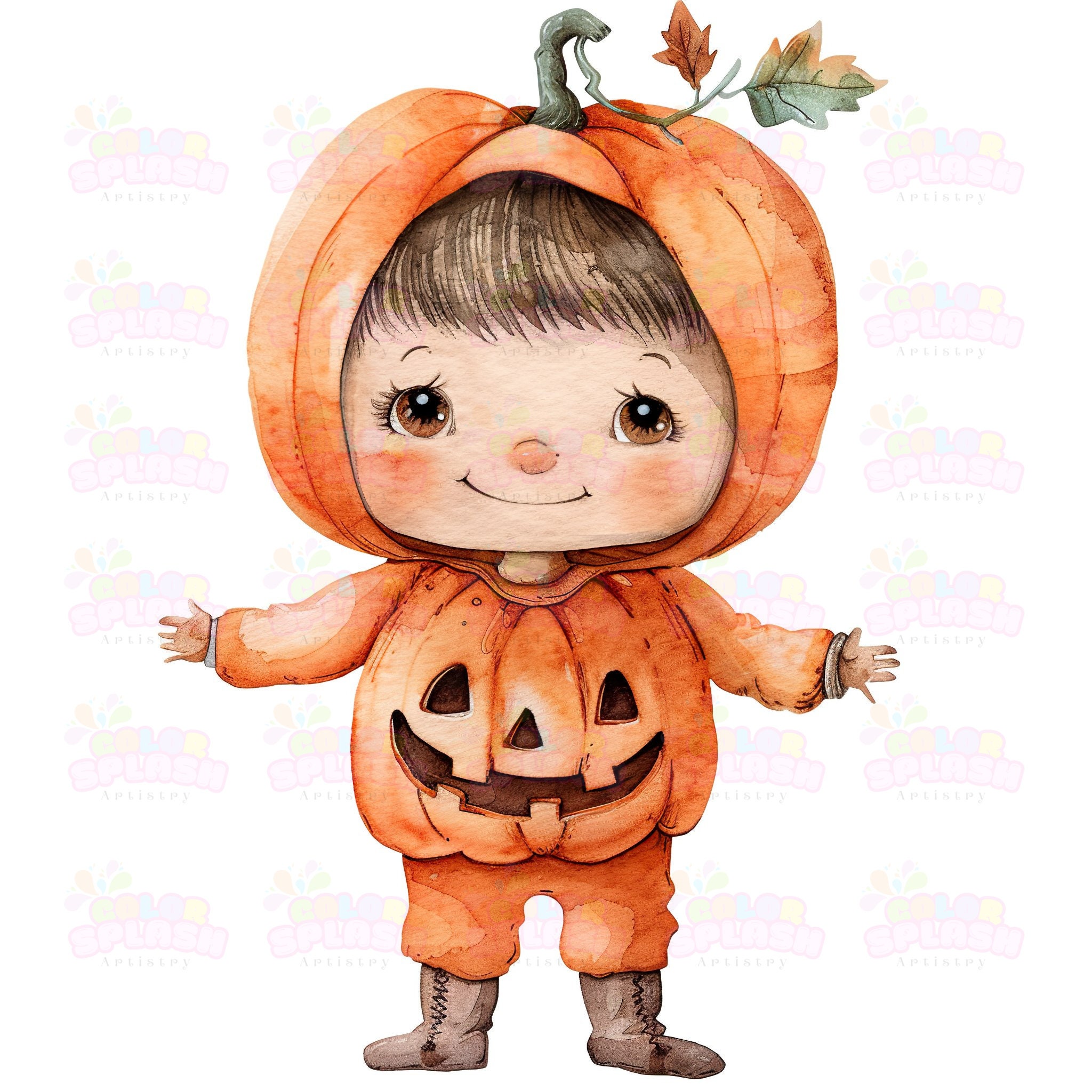 14 Cute Pumpkin Clipart, Watercolor Child Dressed as Pumpkin, Halloween ...
