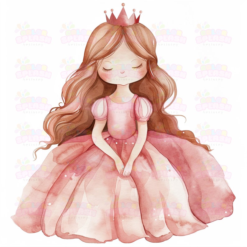 15 Pretty Princess Clipart in Pink Dress, Watercolor Style, Neutral ...
