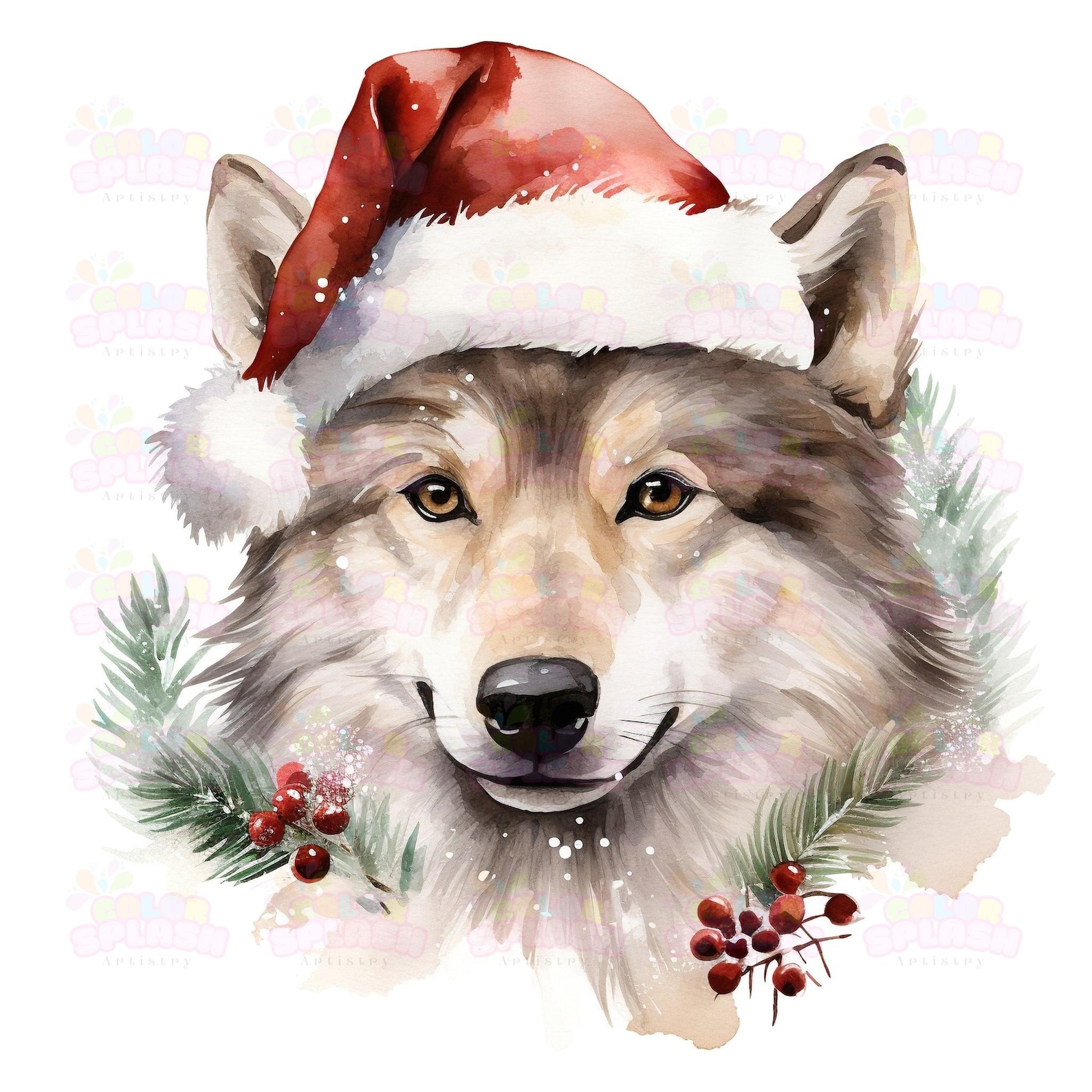 11 Cute Watercolor Christmas Wolf Wearing Santa Hat | Festive Wolf ...