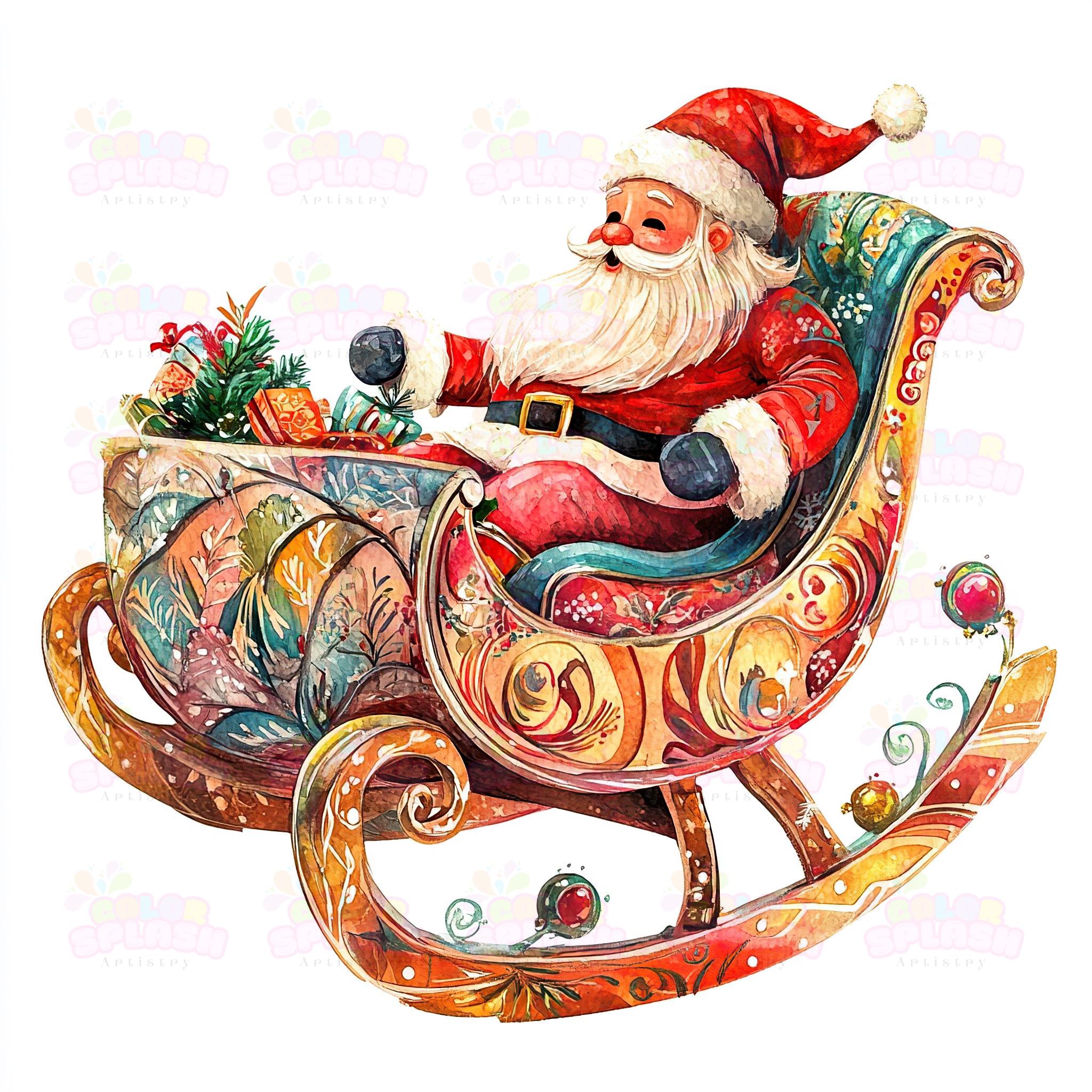 16 Christmas Sleigh Clipart - Cartoon Santa Claus in Watercolor Style ...