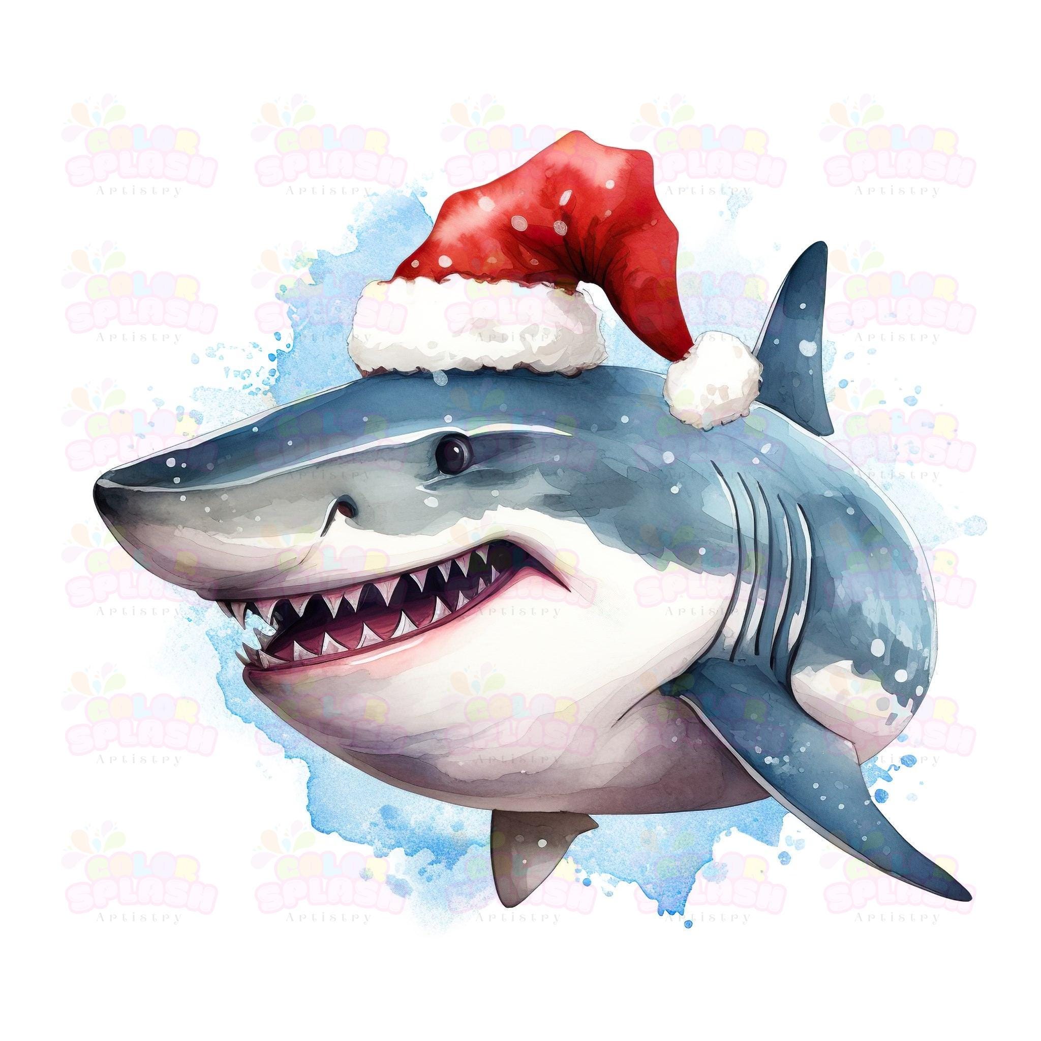 11 Adorable Christmas Shark Art | Watercolor Shark Wearing Santa Hat ...