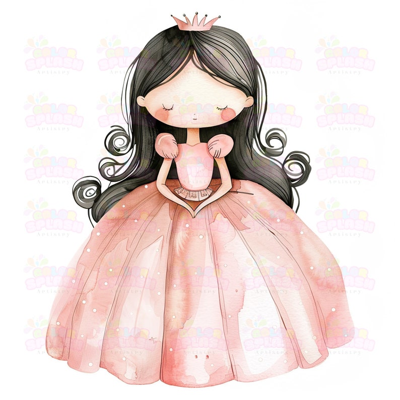 15 Pretty Princess Clipart in Pink Dress, Watercolor Style, Neutral ...