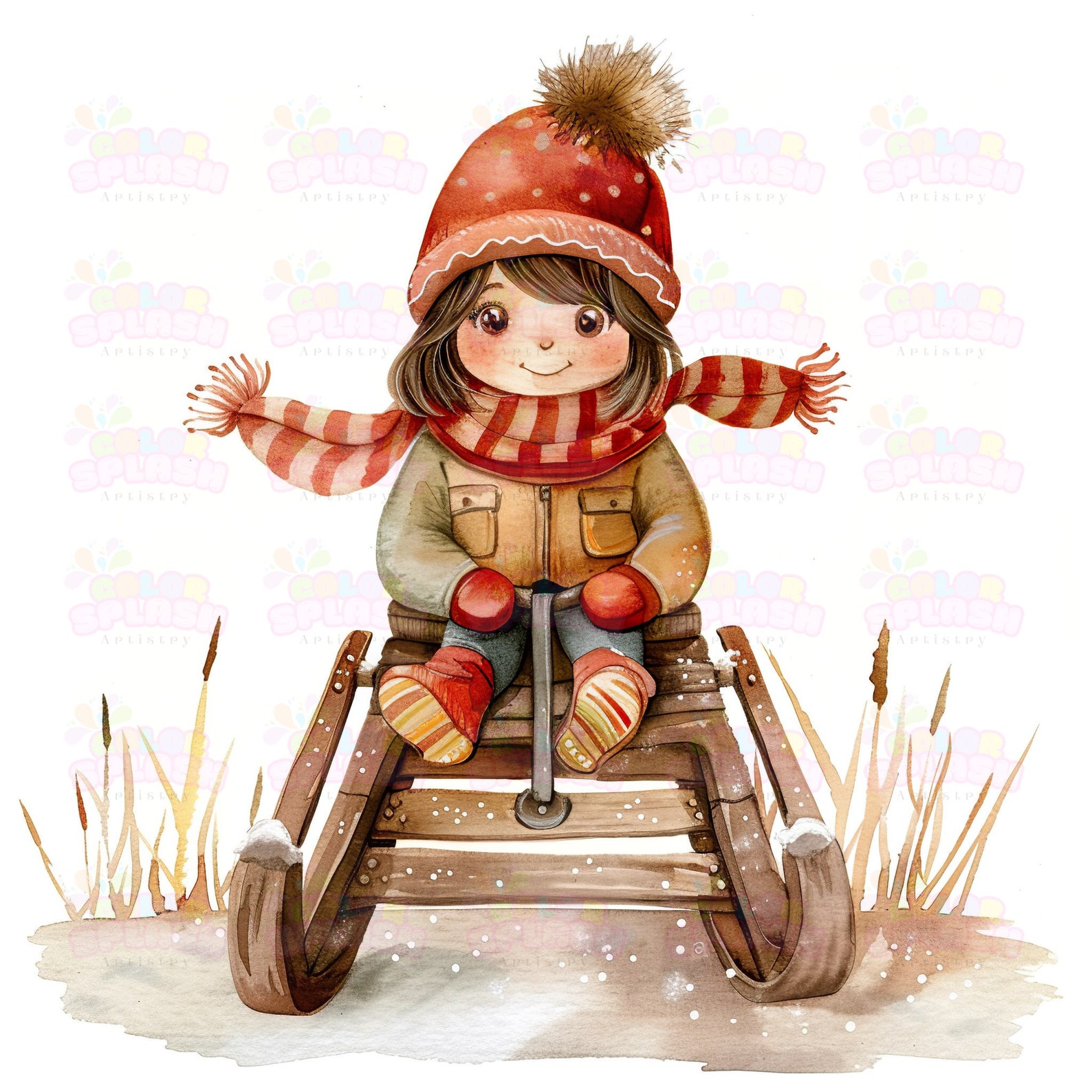 14 Cute Winter Girl on Wooden Sled Watercolor Illustration, Full Body ...