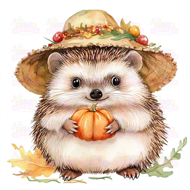 12 Cute Fall Hedgehog Wearing Harvest Hat Clipart | Autumn Animal ...